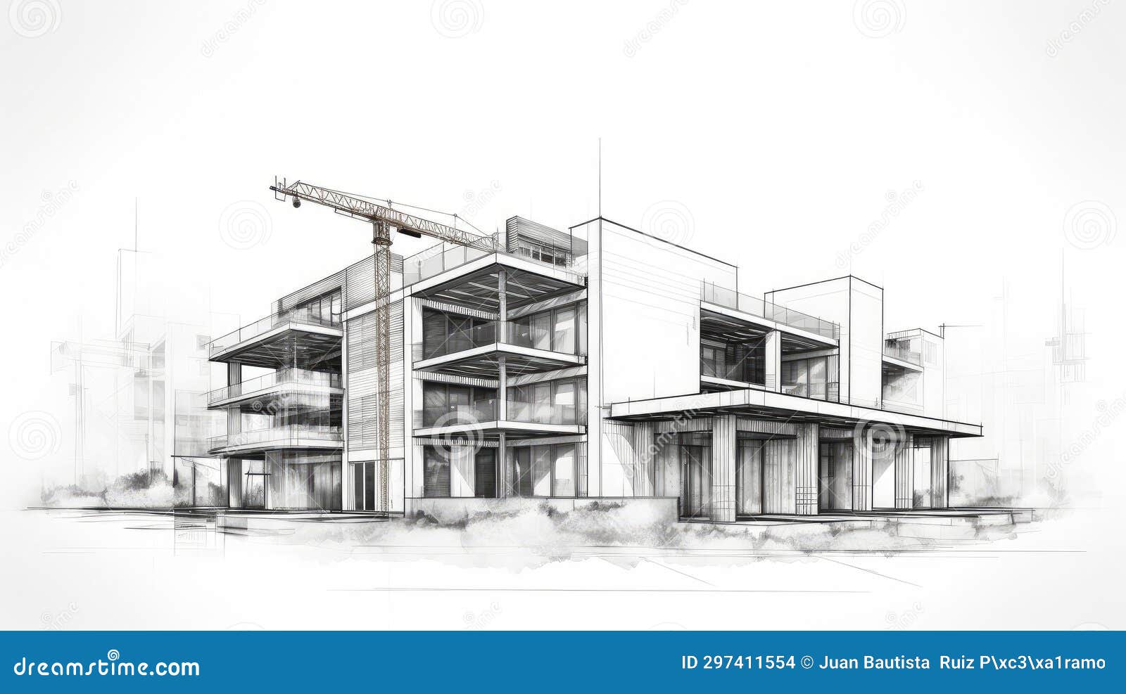 Architectural Sketch of a Modern Building Under Construction, with ...