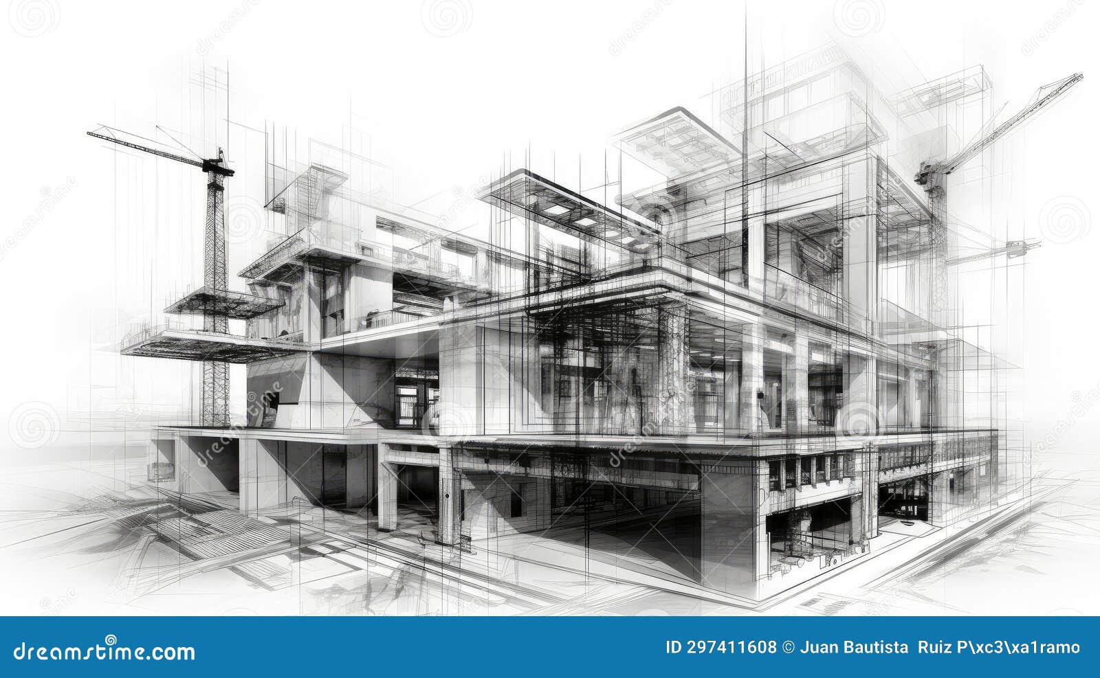 Architectural Sketch of a Modern Building Under Construction, with ...