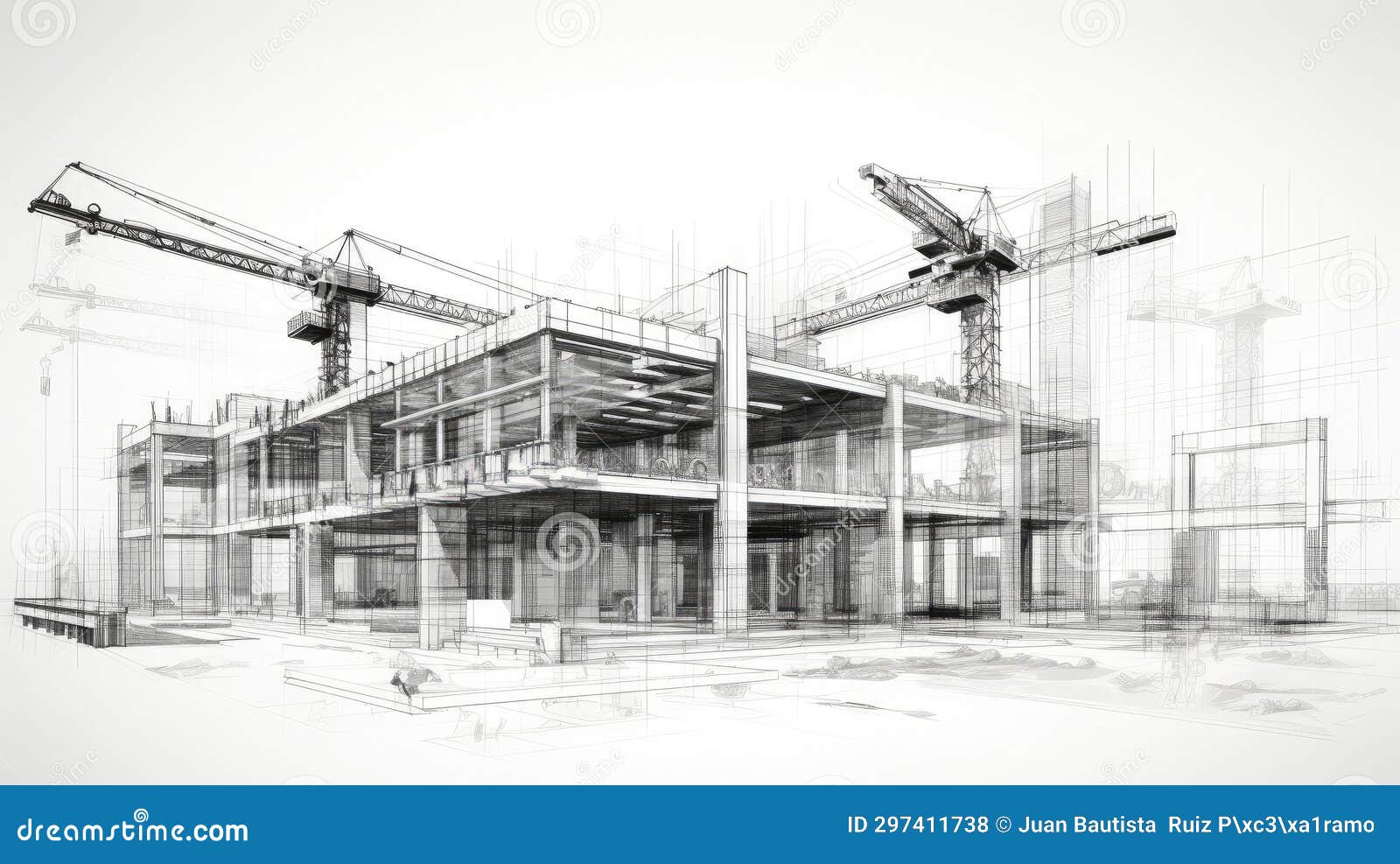 Architectural Sketch of a Modern Building Under Construction, with ...