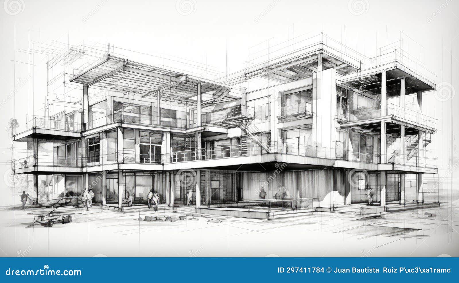 Architectural Sketch of a Modern Building Under Construction, with ...