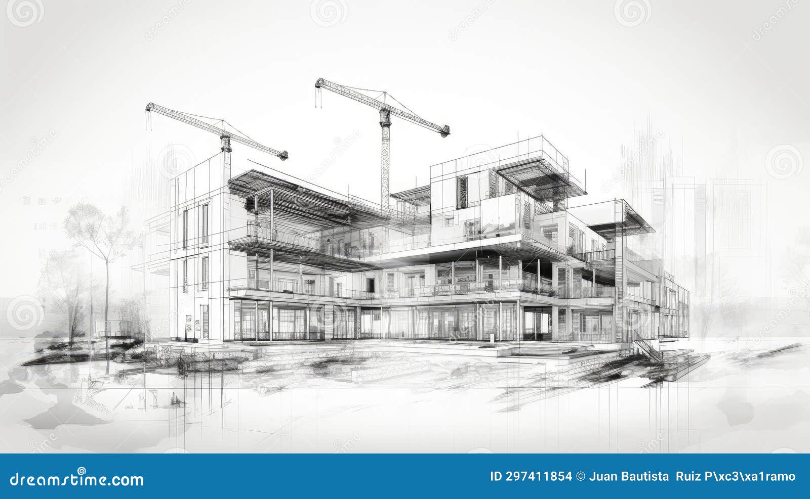 Architectural Sketch of a Modern Building Under Construction, with ...
