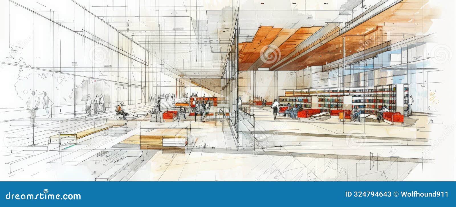 An Architectural Sketch of a Modern Library, Featuring Large Glass ...