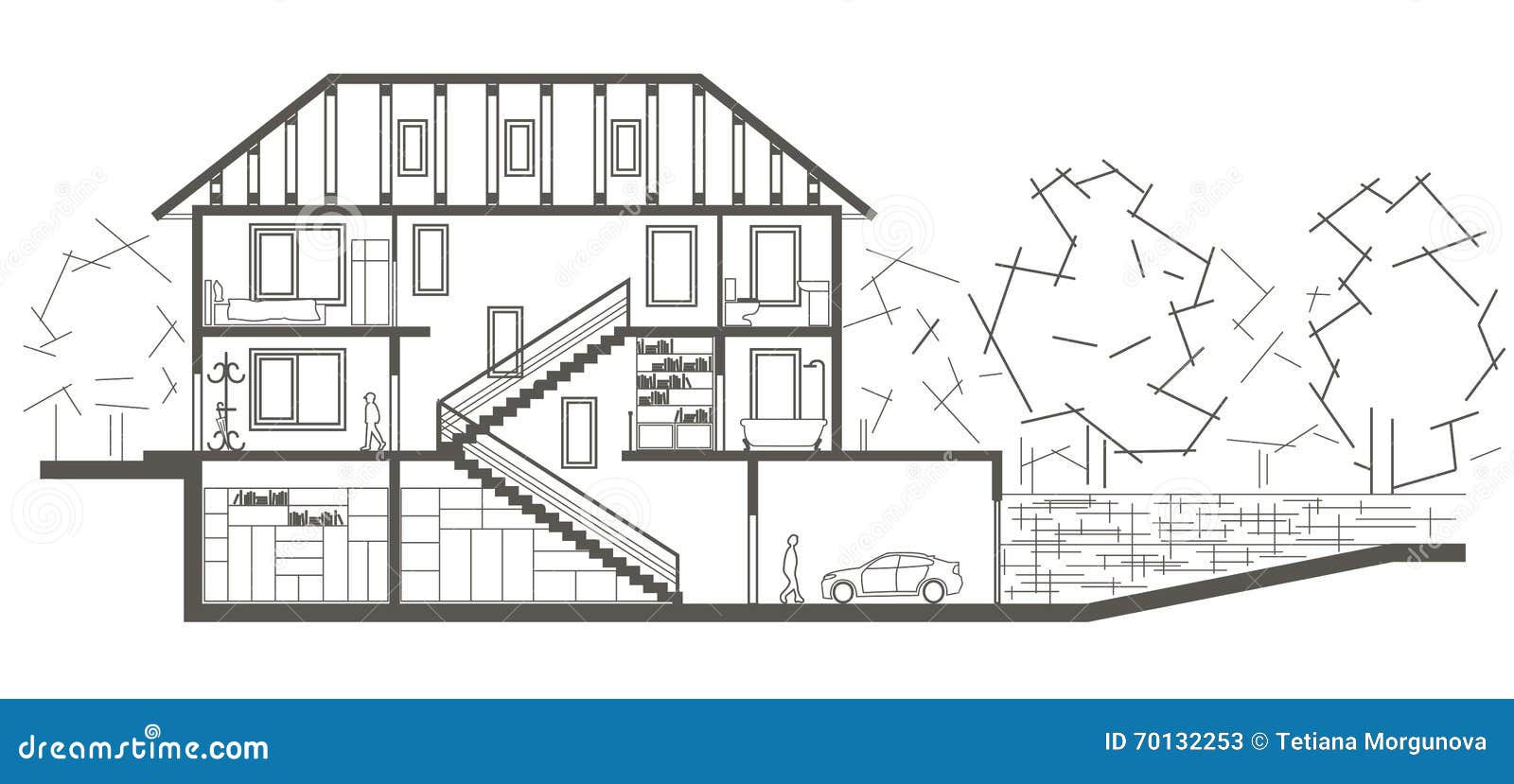 Architectural Sketch Tree Level House. Sectional Drawing Cartoon Vector ...