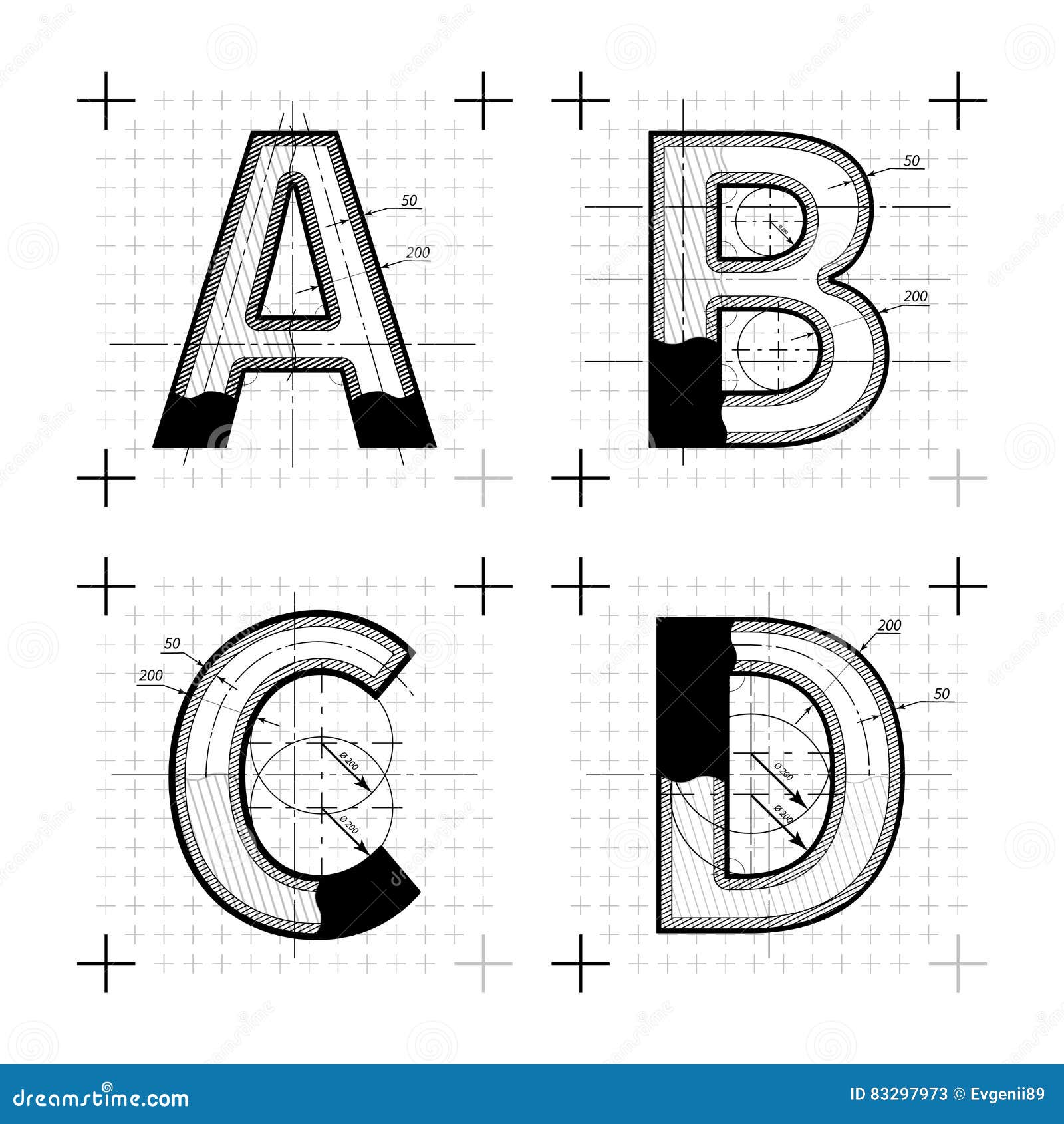Architectural Sketches of a B C D Letters. Blueprint Style Font. Stock ...