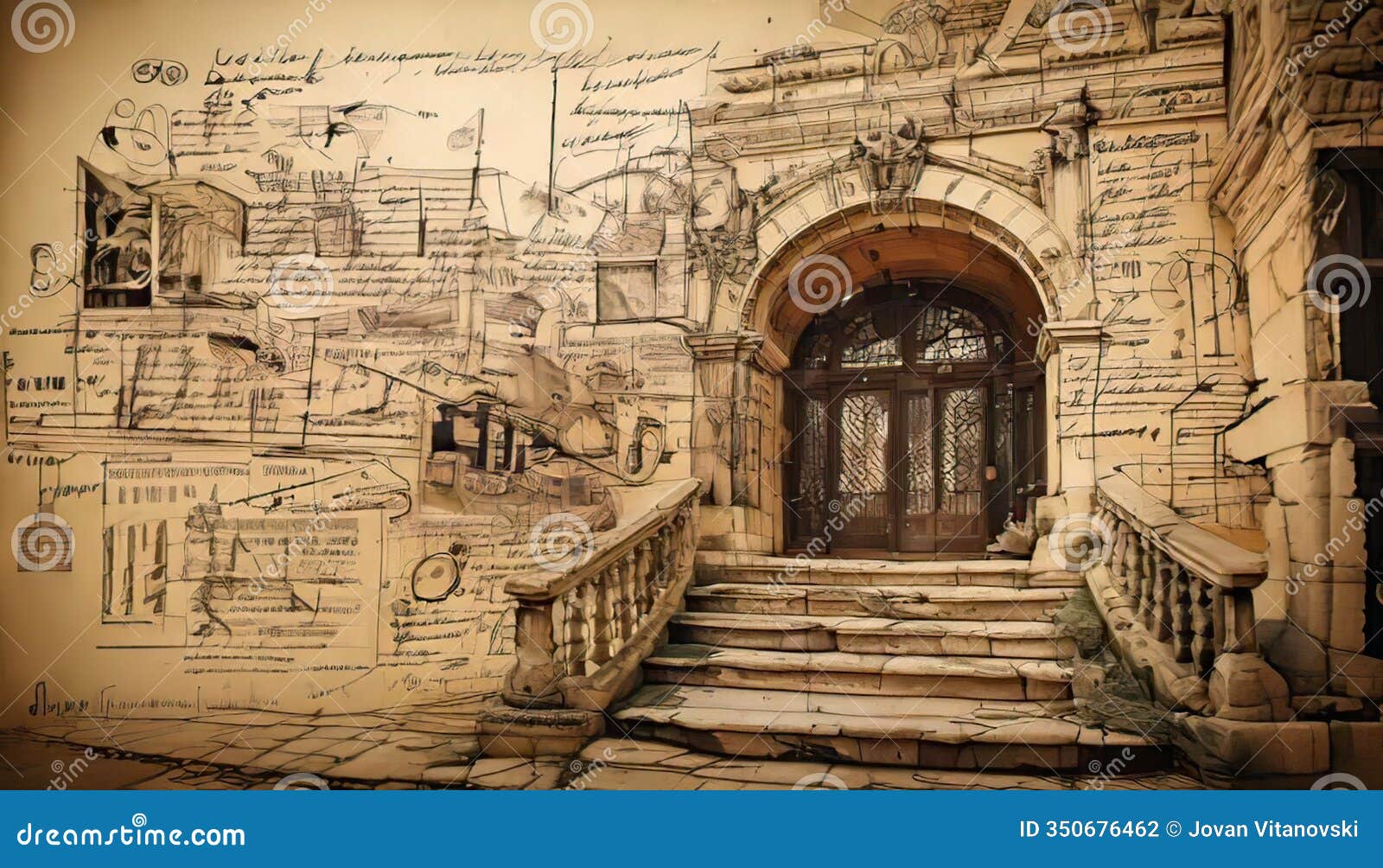 Architectural Sketches On Stone Background With Ancient Design Notes ...
