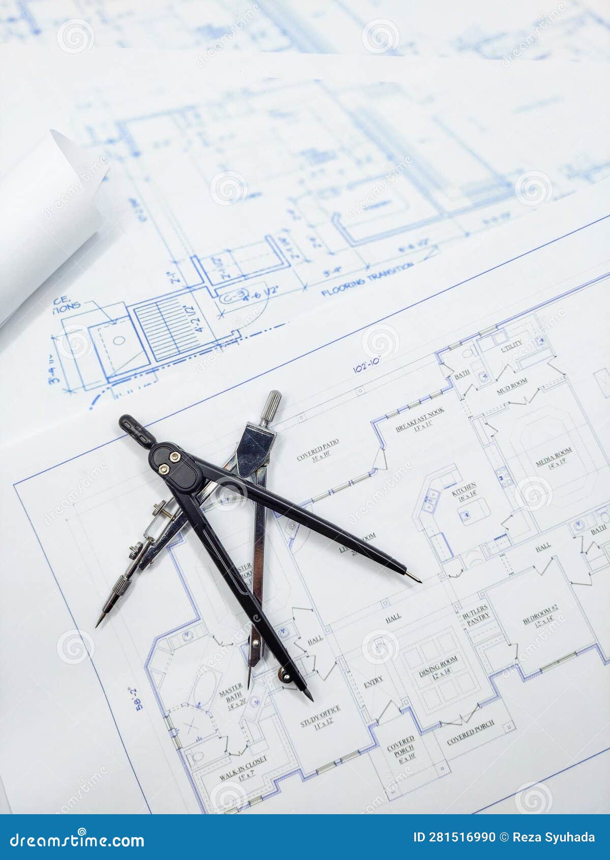 Paper Home Floor Plan with Compass. Architectural Sketching Process ...