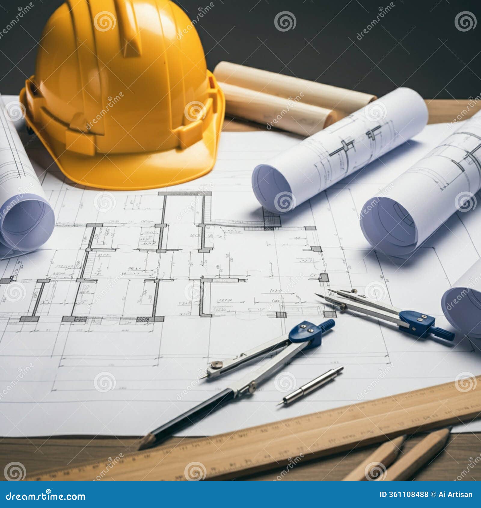 Architectural Workspace Featuring Rolled Blueprints, Technical Drawings ...