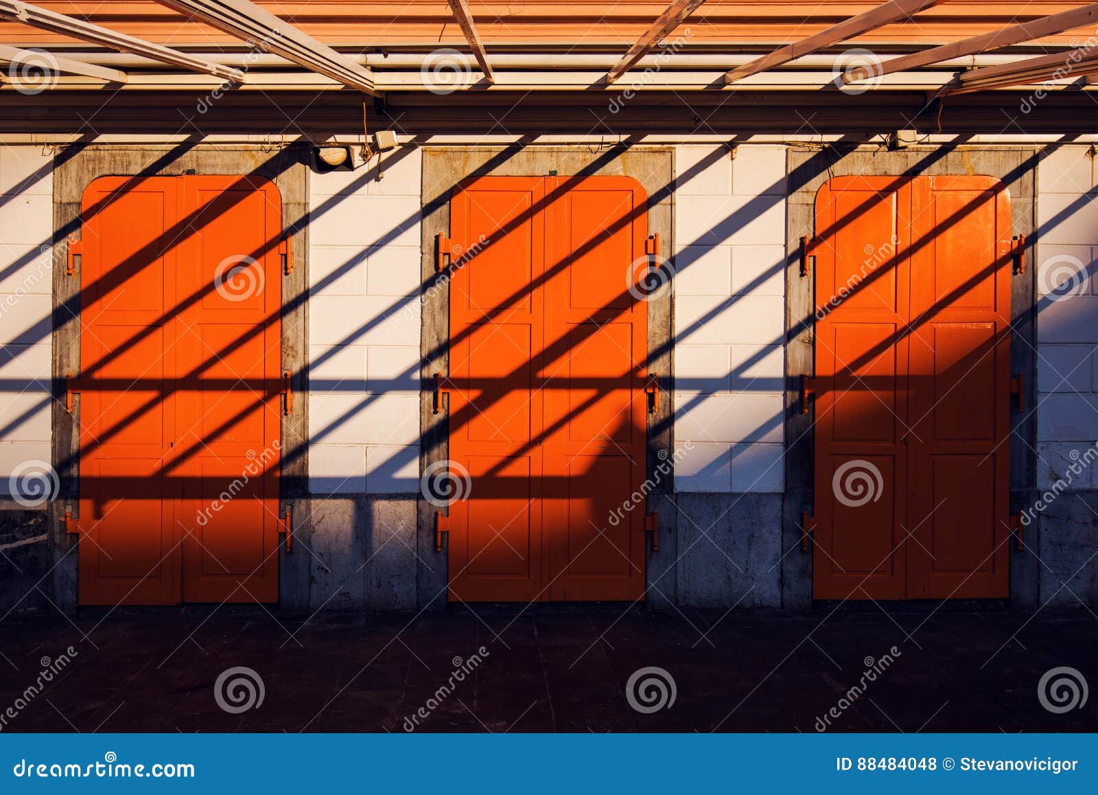 Architecture Abstract Background, Three Orange Doors and Shadows Stock ...