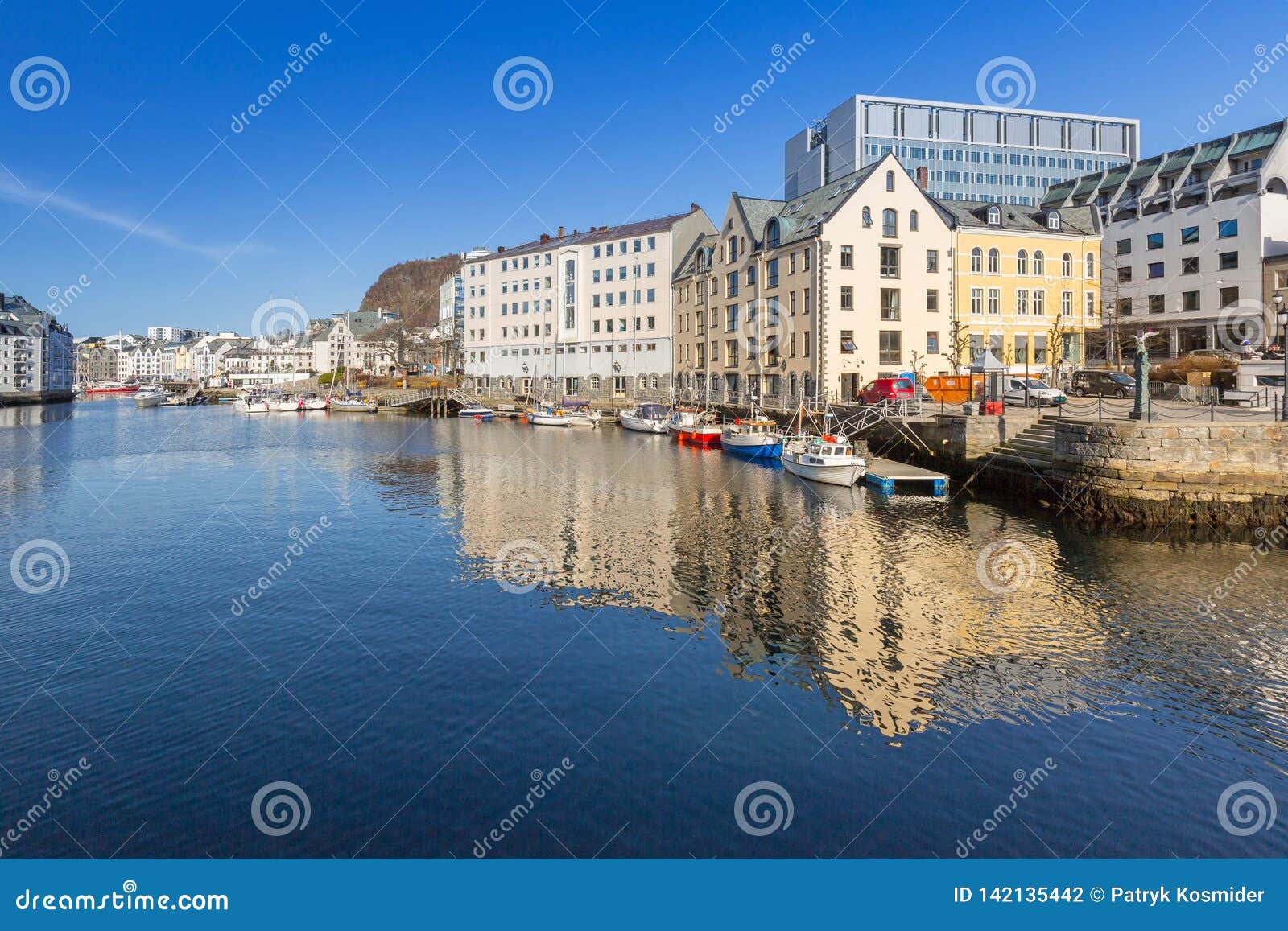 Architecture of Alesund Town Reflected in the Water, Norway Stock Photo ...