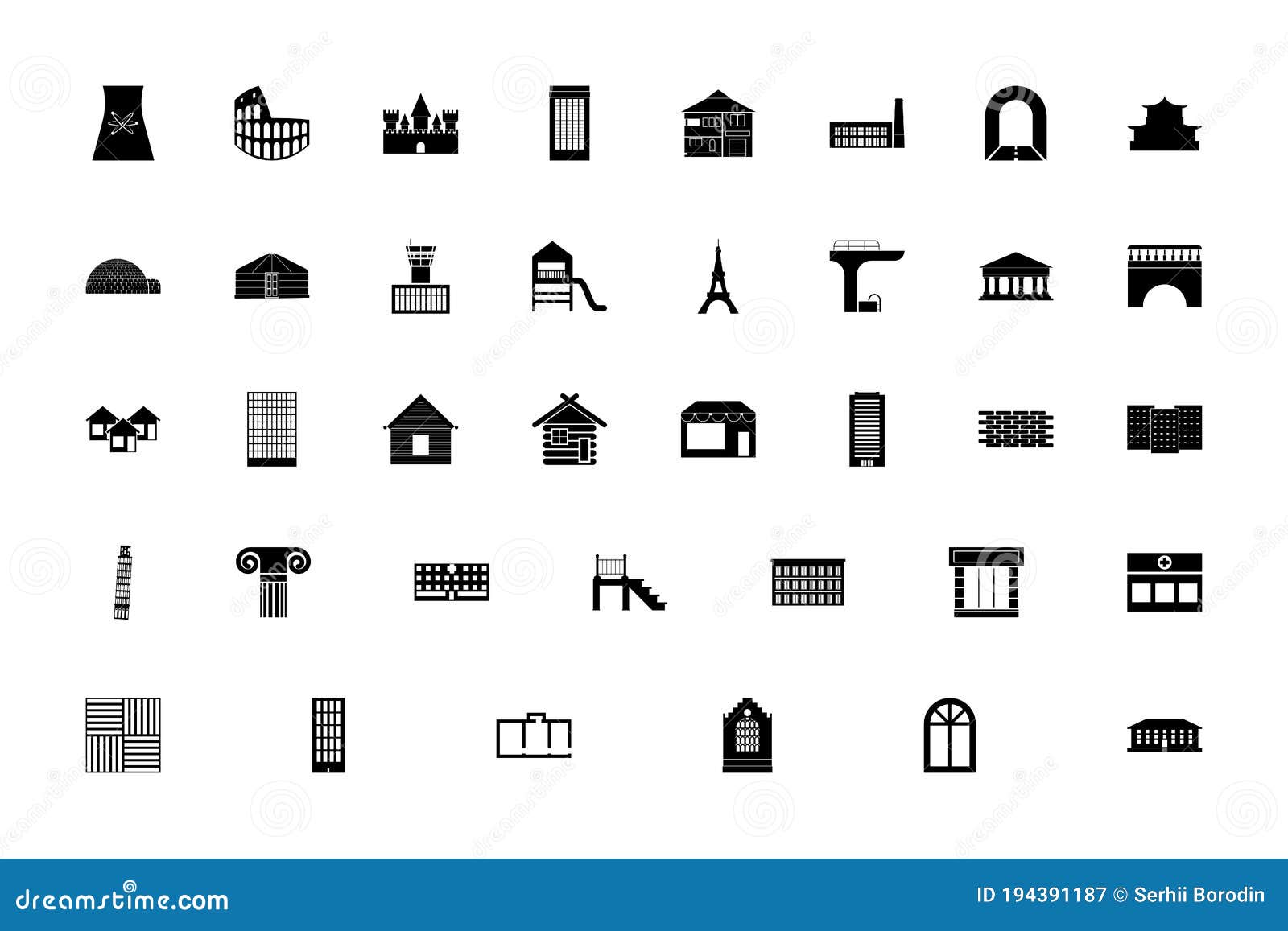 Architecture Black Color Set Solid Style Flat Vector Image Stock Vector ...
