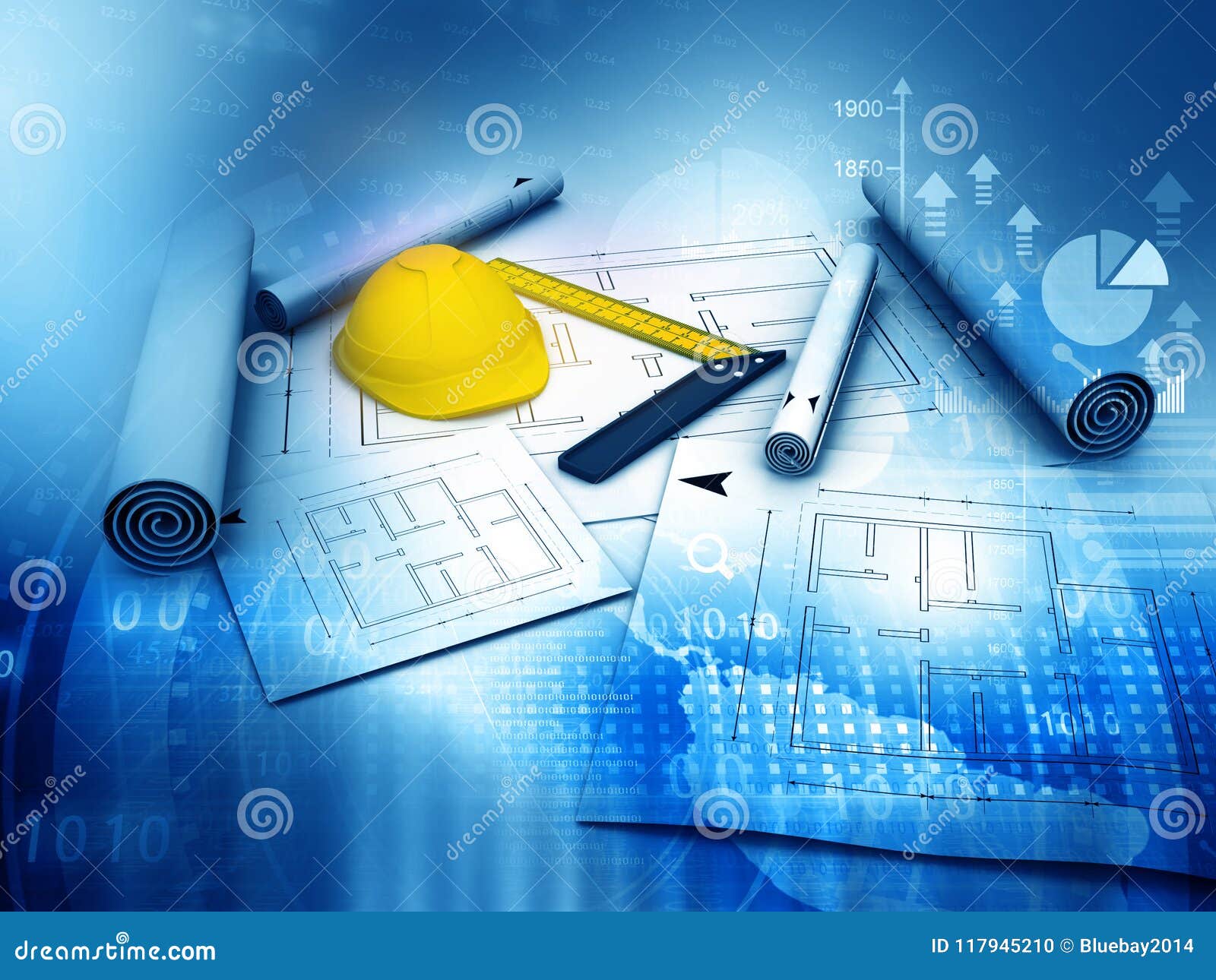 Architecture Blue Plans and Work Tool Stock Illustration - Illustration ...