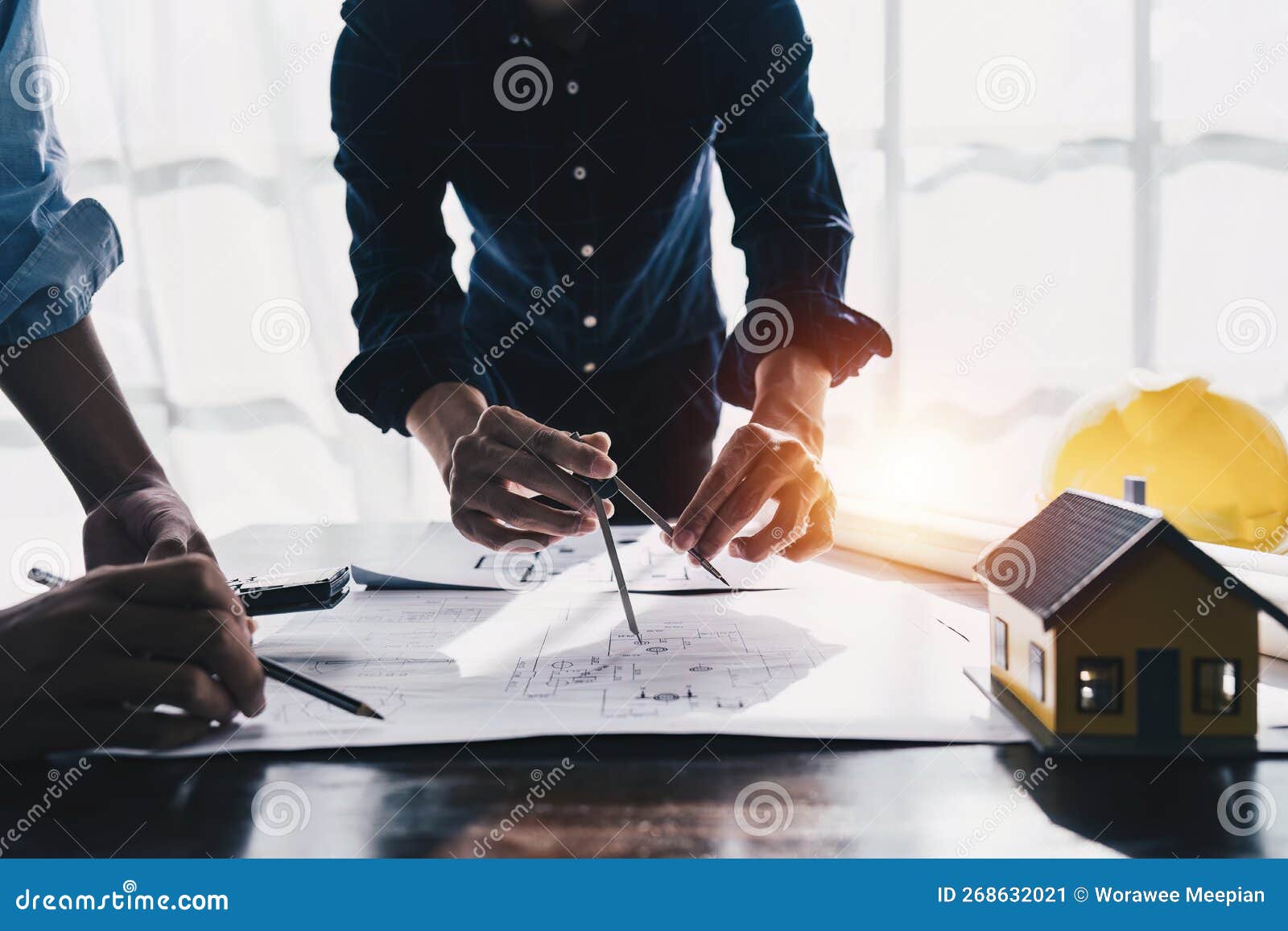 Architecture or Civil Engineer Team Analyze with Construction Blueprint ...