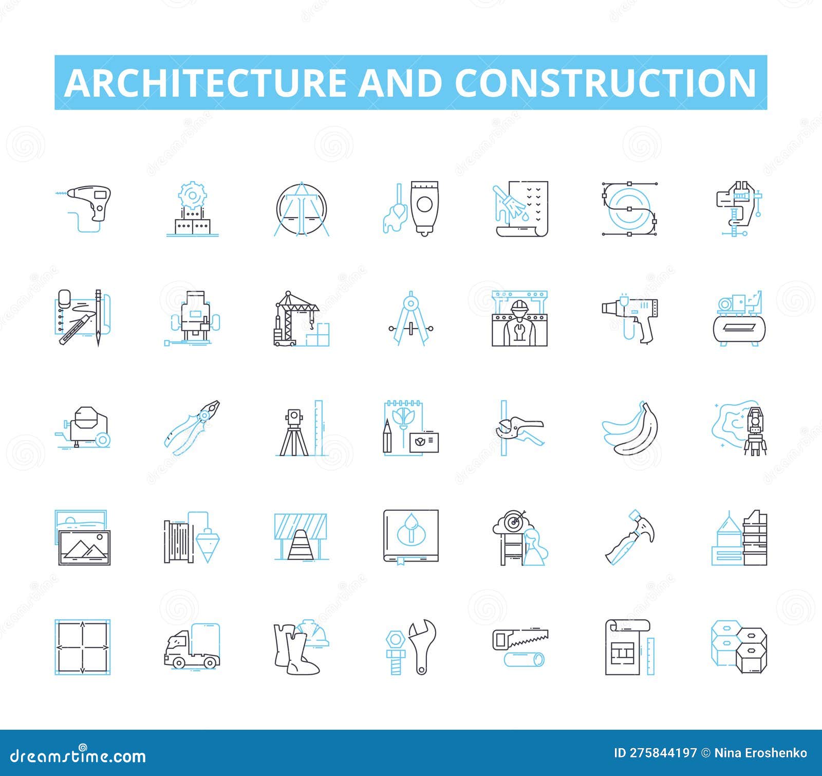 Architecture and Construction Linear Icons Set. Blueprint, Foundation, Modern, Traditional ...
