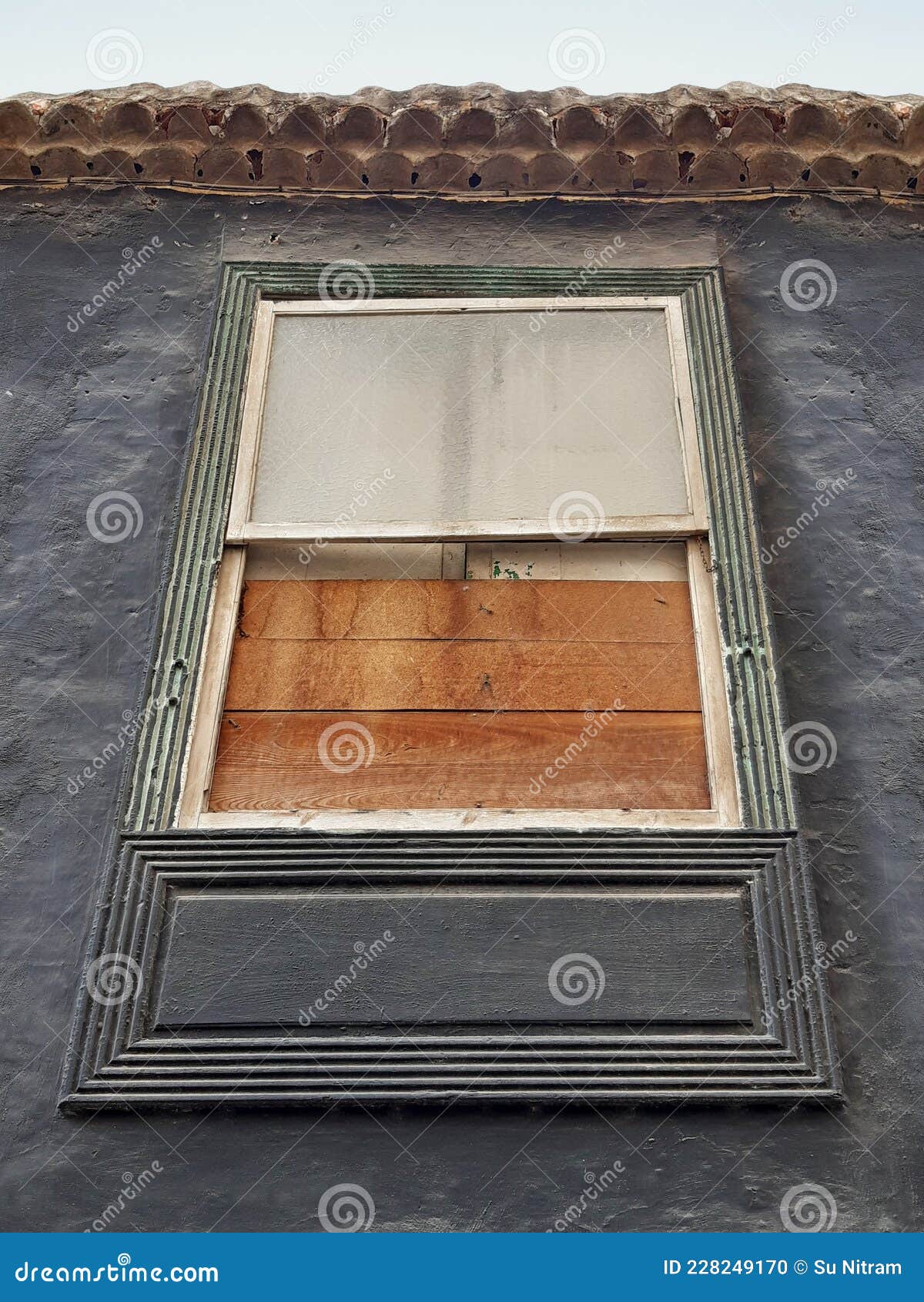 Bottom View of Bricked Up Old Window in Dark Gray Concrete Wall ...