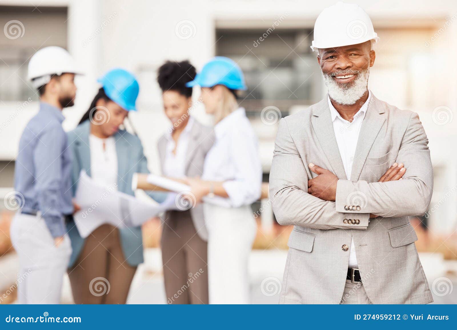 Architecture, Construction and Portrait of Senior Black Man with Team ...