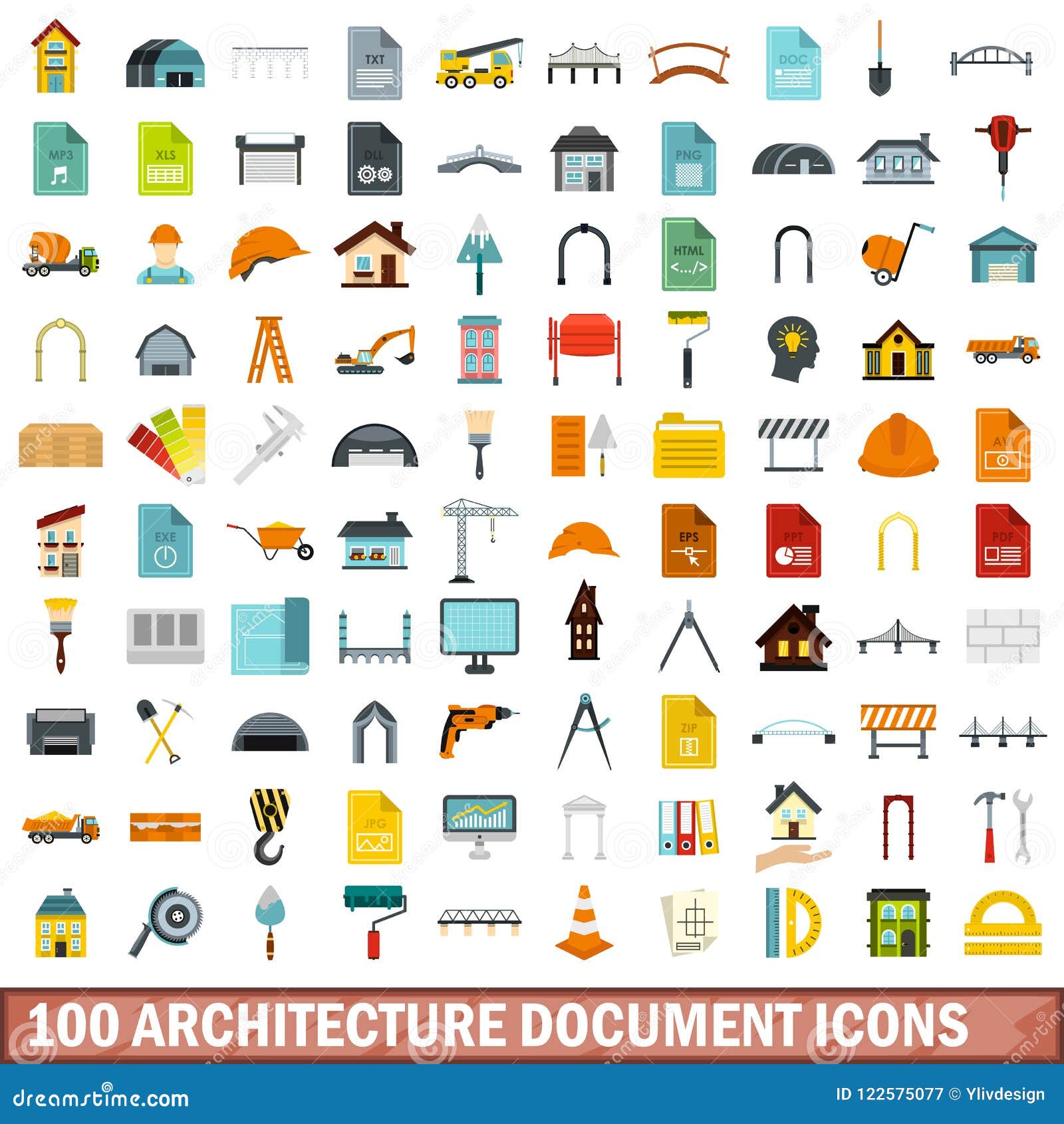 100 Architecture Document Icons Set, Flat Style Stock Vector ...