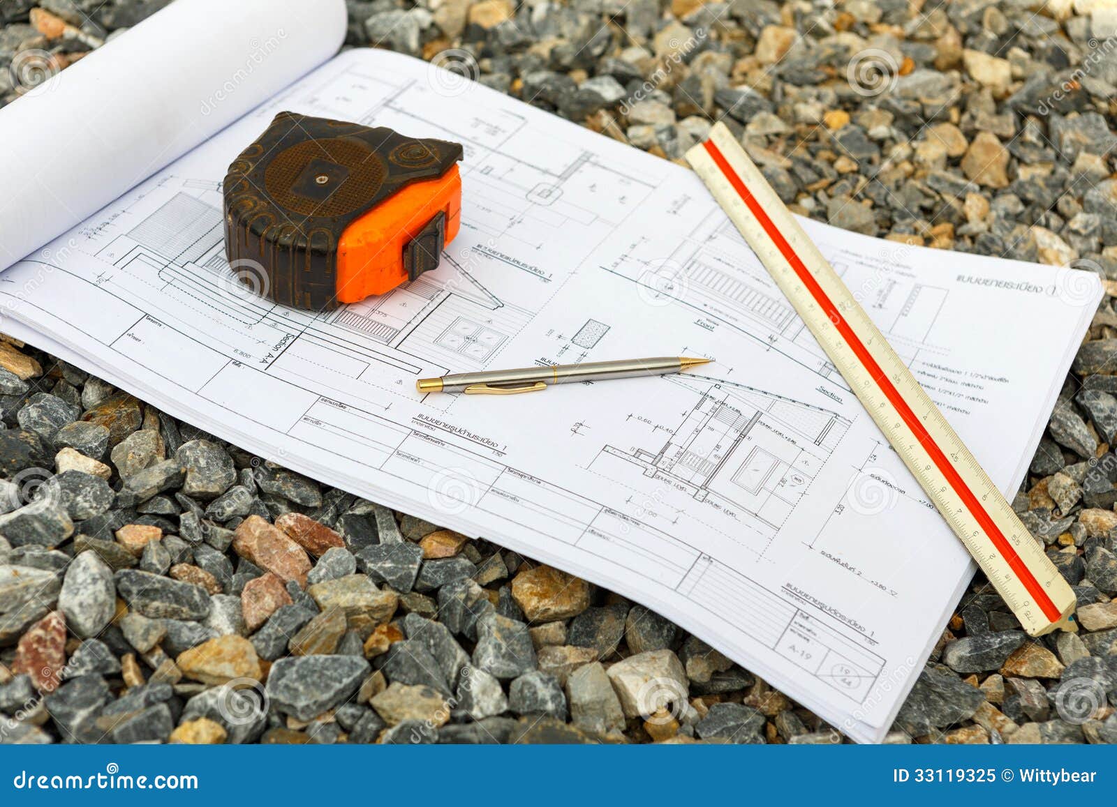 Architecture Drawings with Pencil , Ruler and Cartridges Meters Stock ...