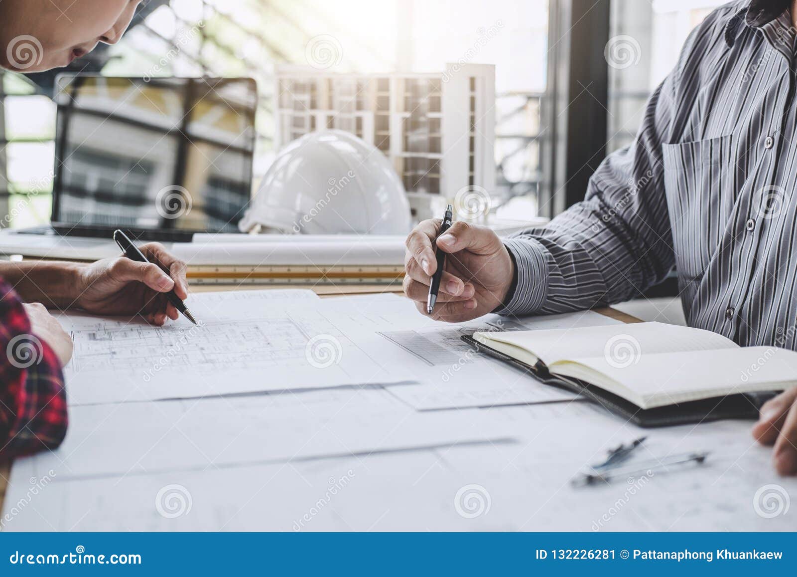 Architecture Engineer Teamwork Meeting, Drawing and Working for Stock ...