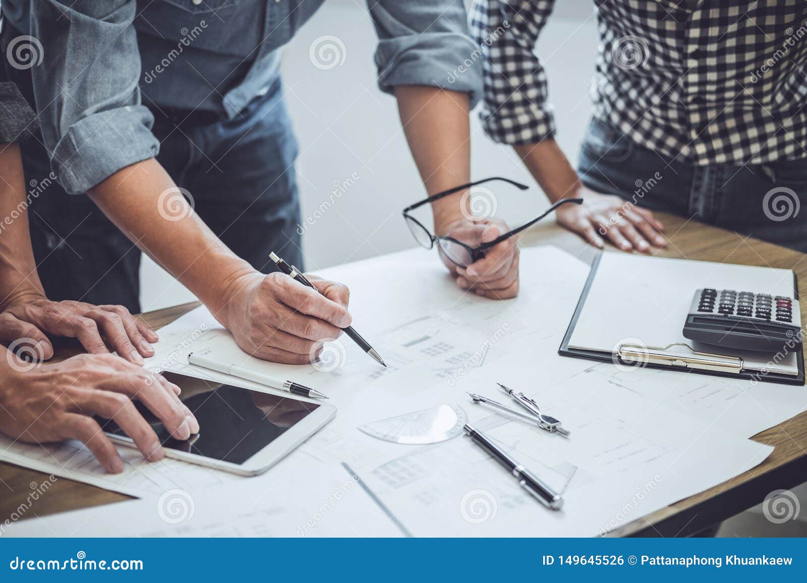 Architecture Engineer Teamwork Meeting, Drawing and Working for ...