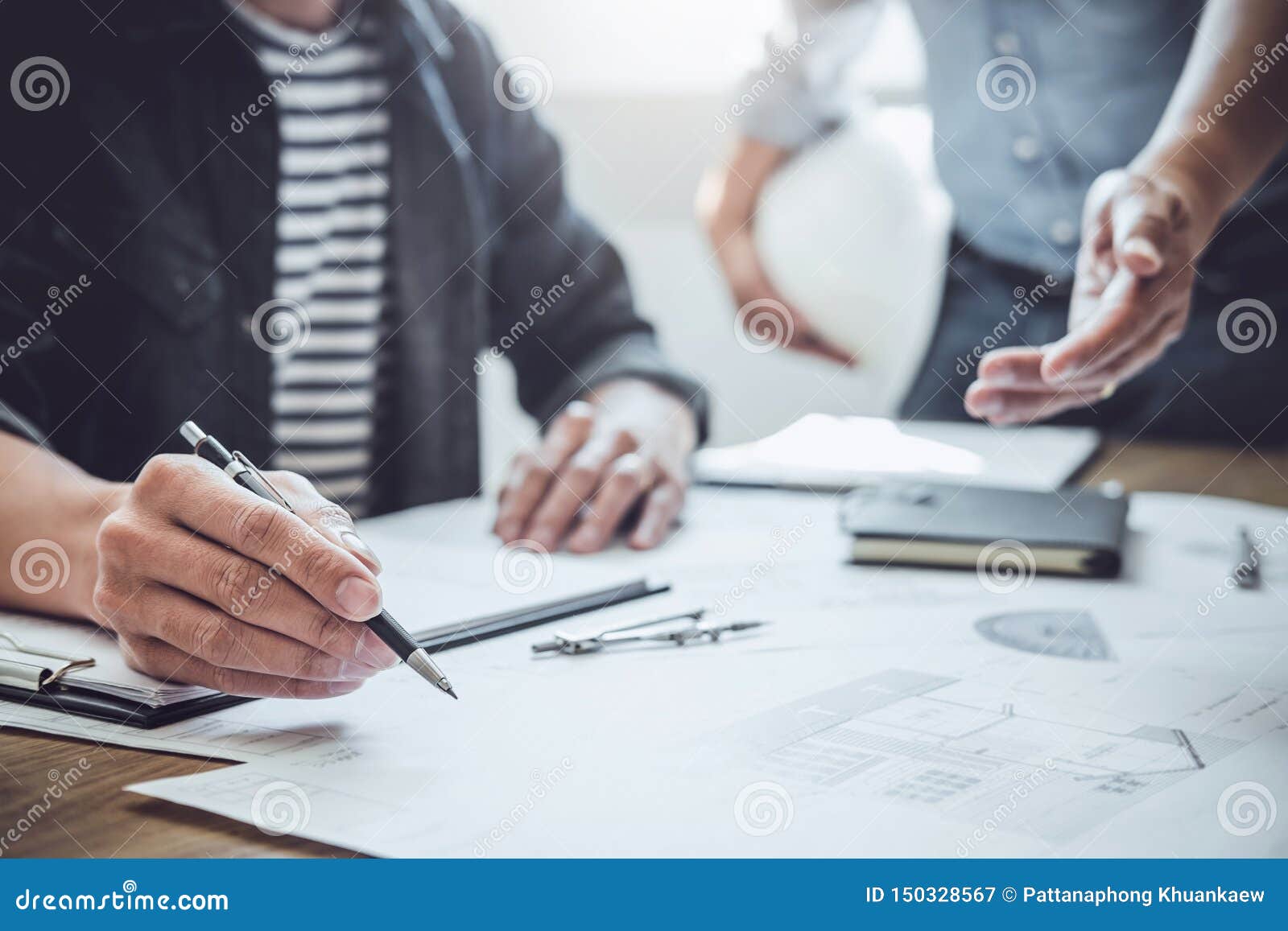 Architecture Engineer Teamwork Meeting, Drawing And Working For ...