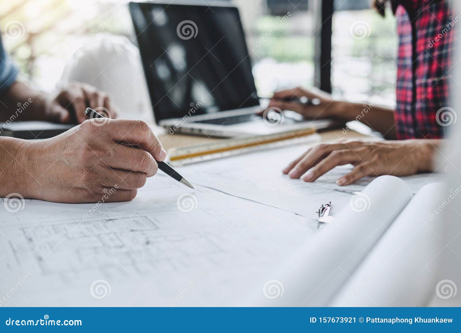 Architecture Engineer Teamwork Meeting, Drawing and Working for ...