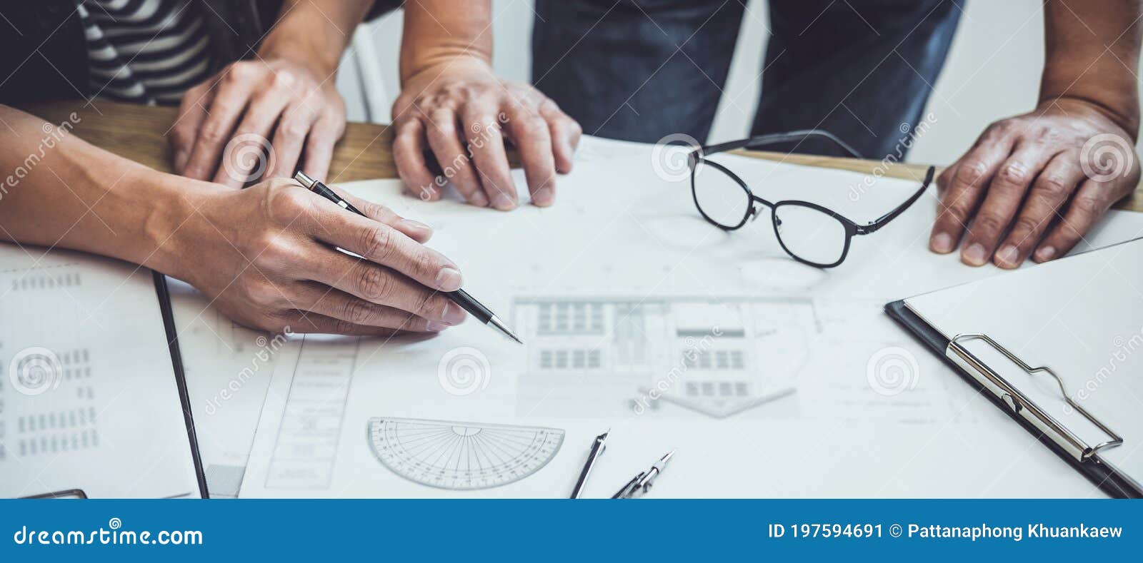 Architecture Engineer Teamwork Meeting, Drawing and Working for ...