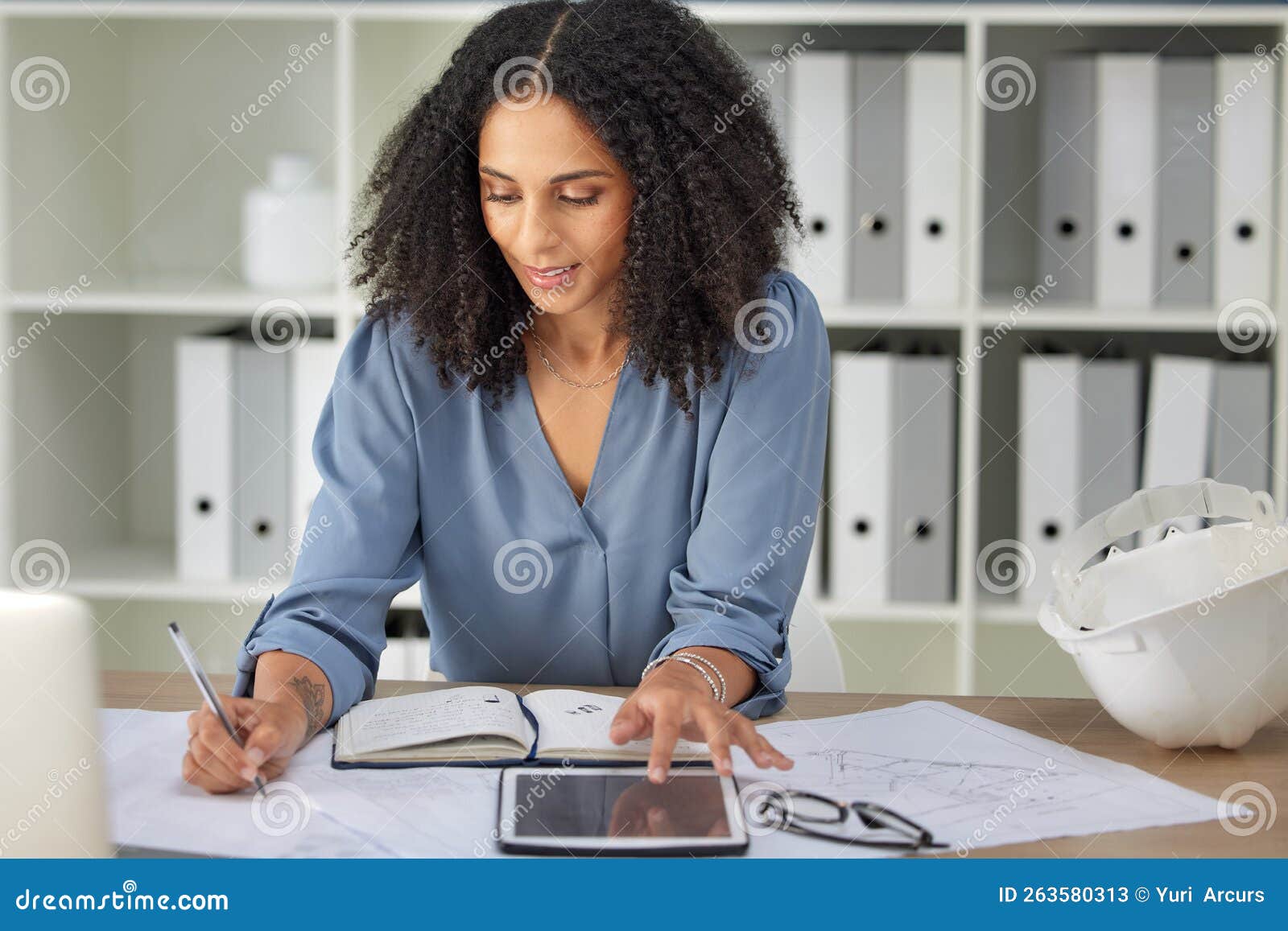 Architecture, Engineering and Woman with Blueprints Writing Notes on ...