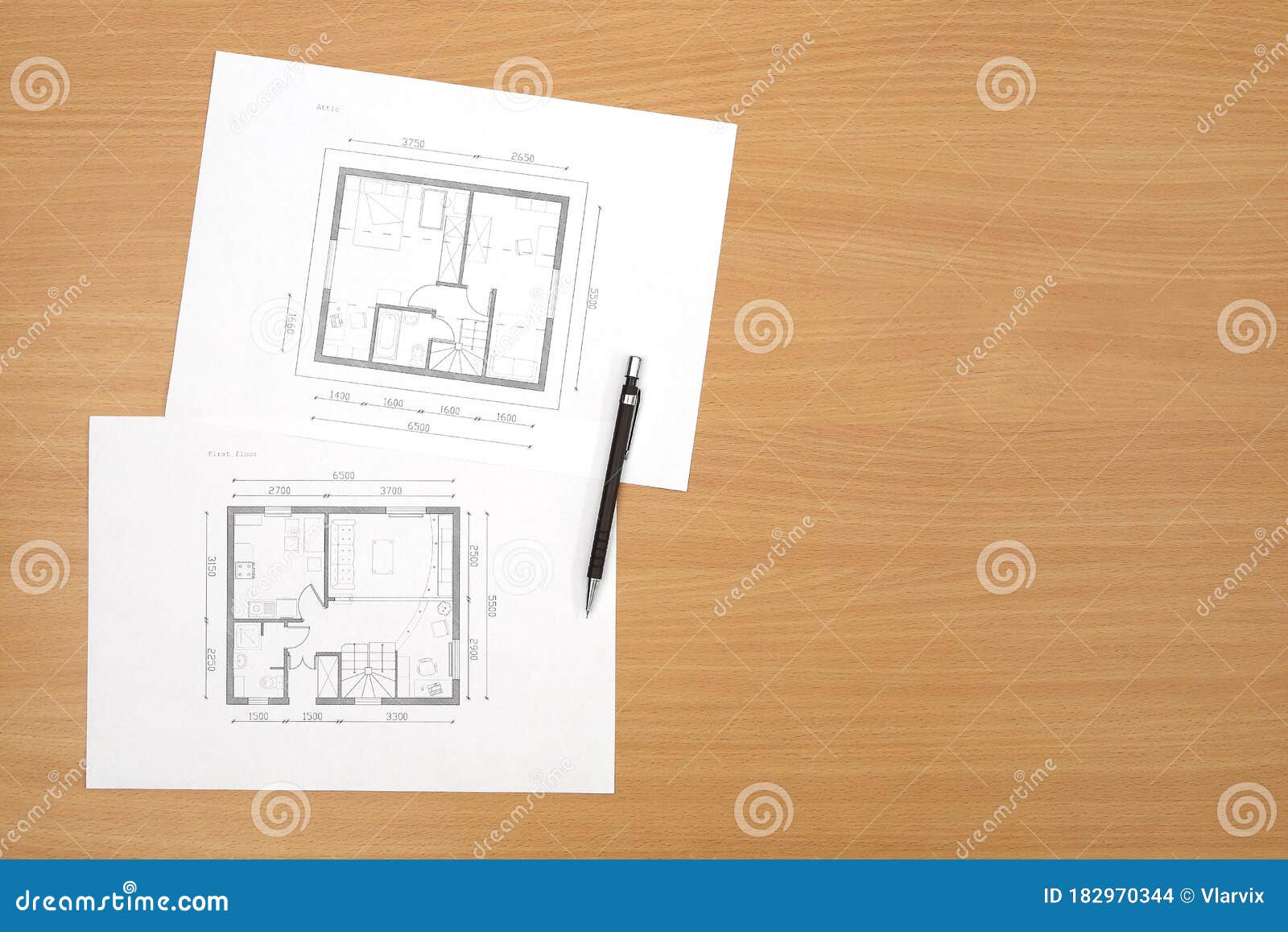 Architecture Floor Plan On Paper Is Located On A Table With A Wood ...