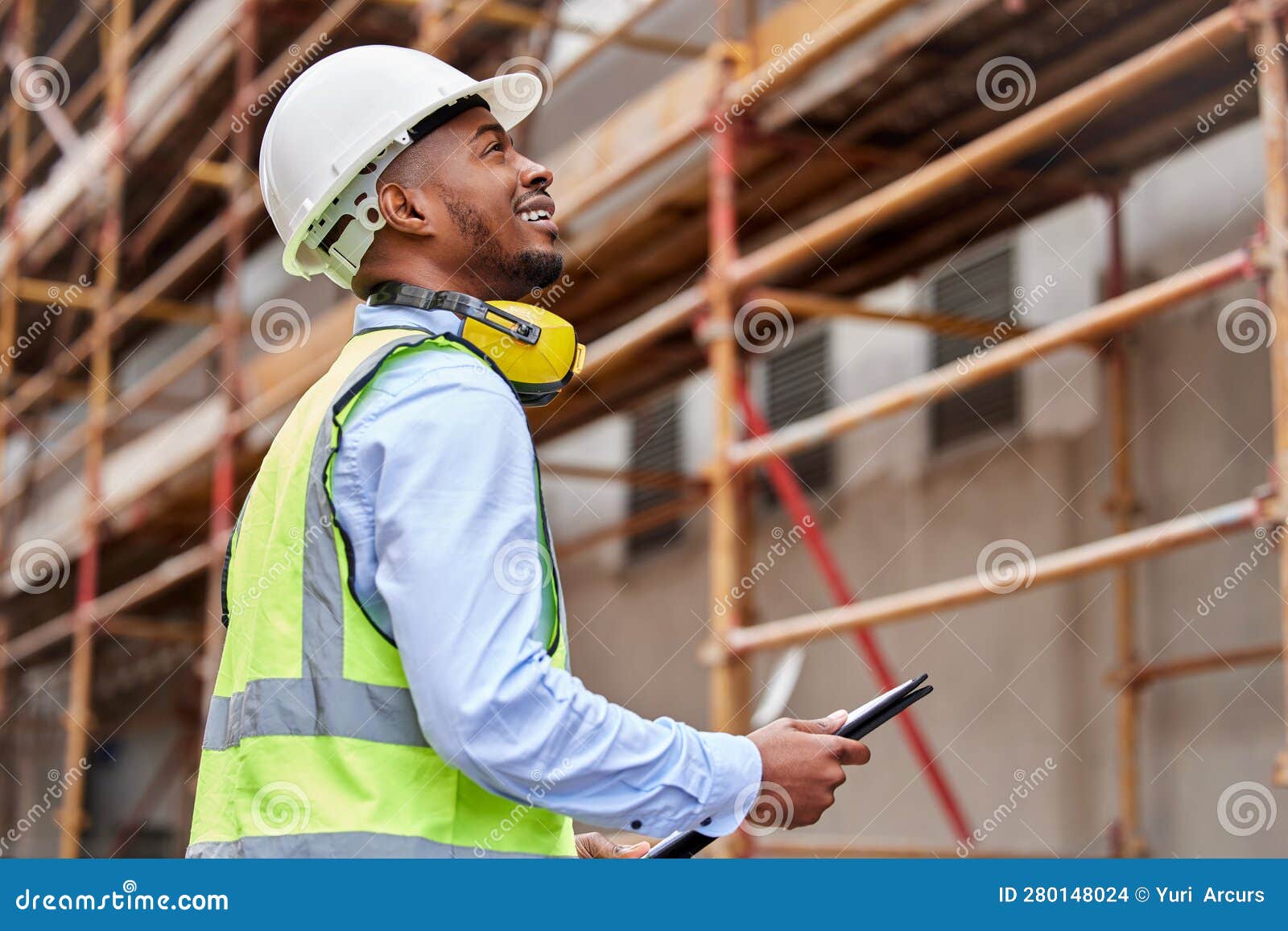 Architecture, Inspection and Checklist with Black Man on Construction ...