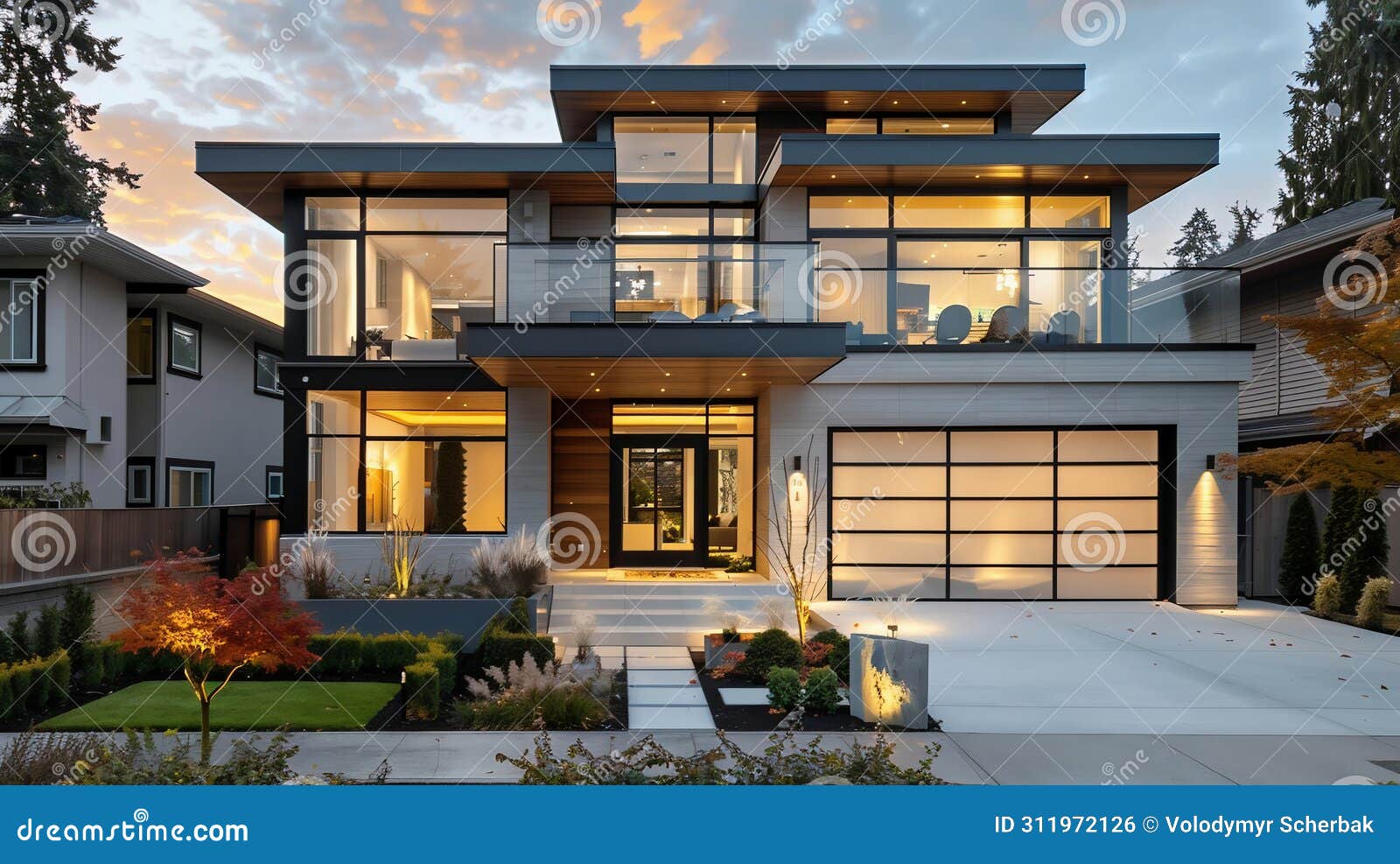 Architecture Modern Design, Beautiful House, Night Scene Stock Photo ...