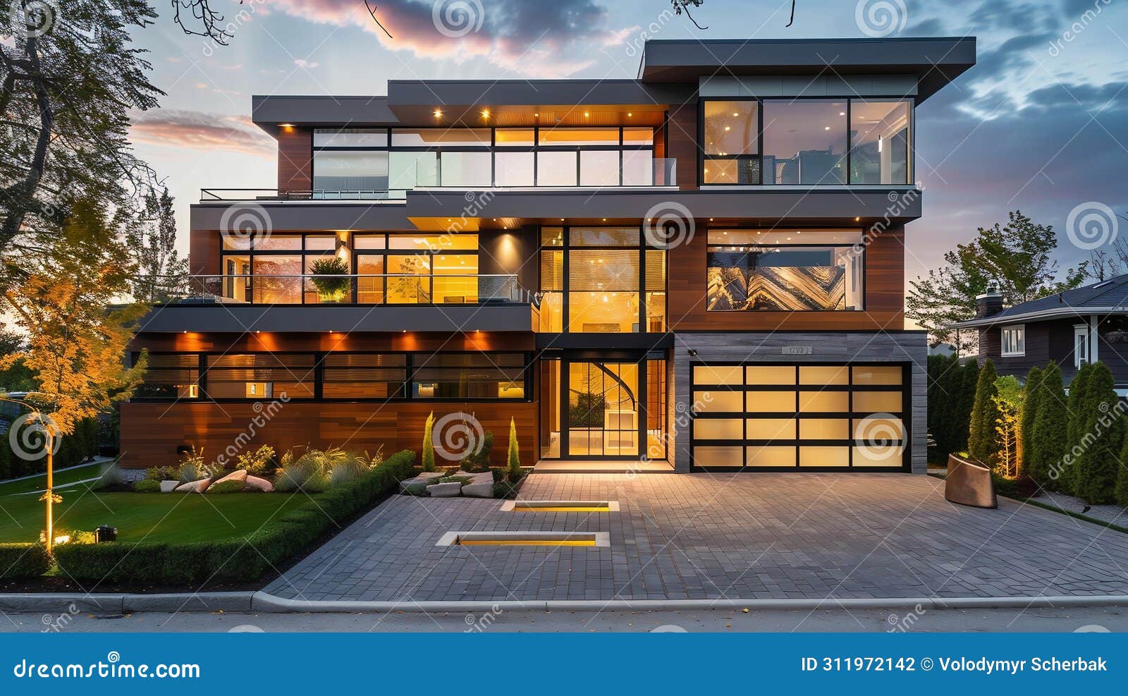 Architecture Modern Design, Beautiful House, Night Scene Stock Photo ...