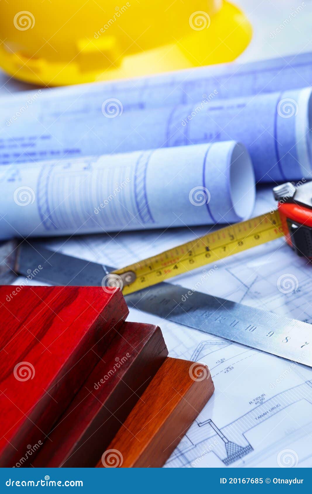Architecture Paperwork and Wooden Boards Stock Image - Image of rolled ...