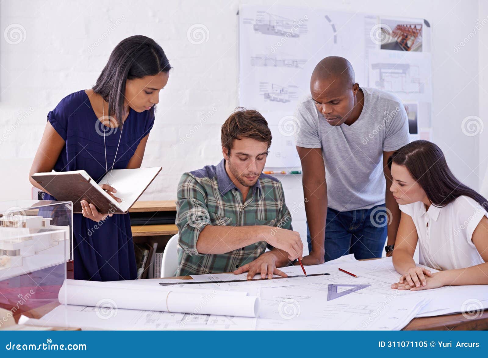 Architecture, People and Teamwork with Drawing on Blueprint in Office ...