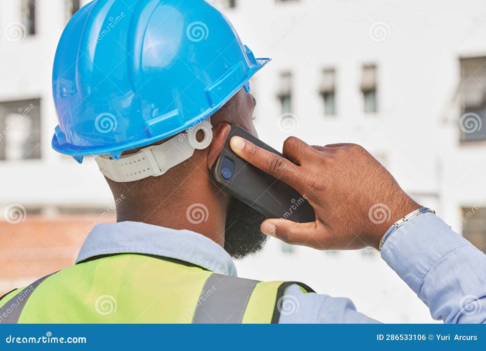 Architecture, Phone Call and Back of Black Man in City for Engineering ...