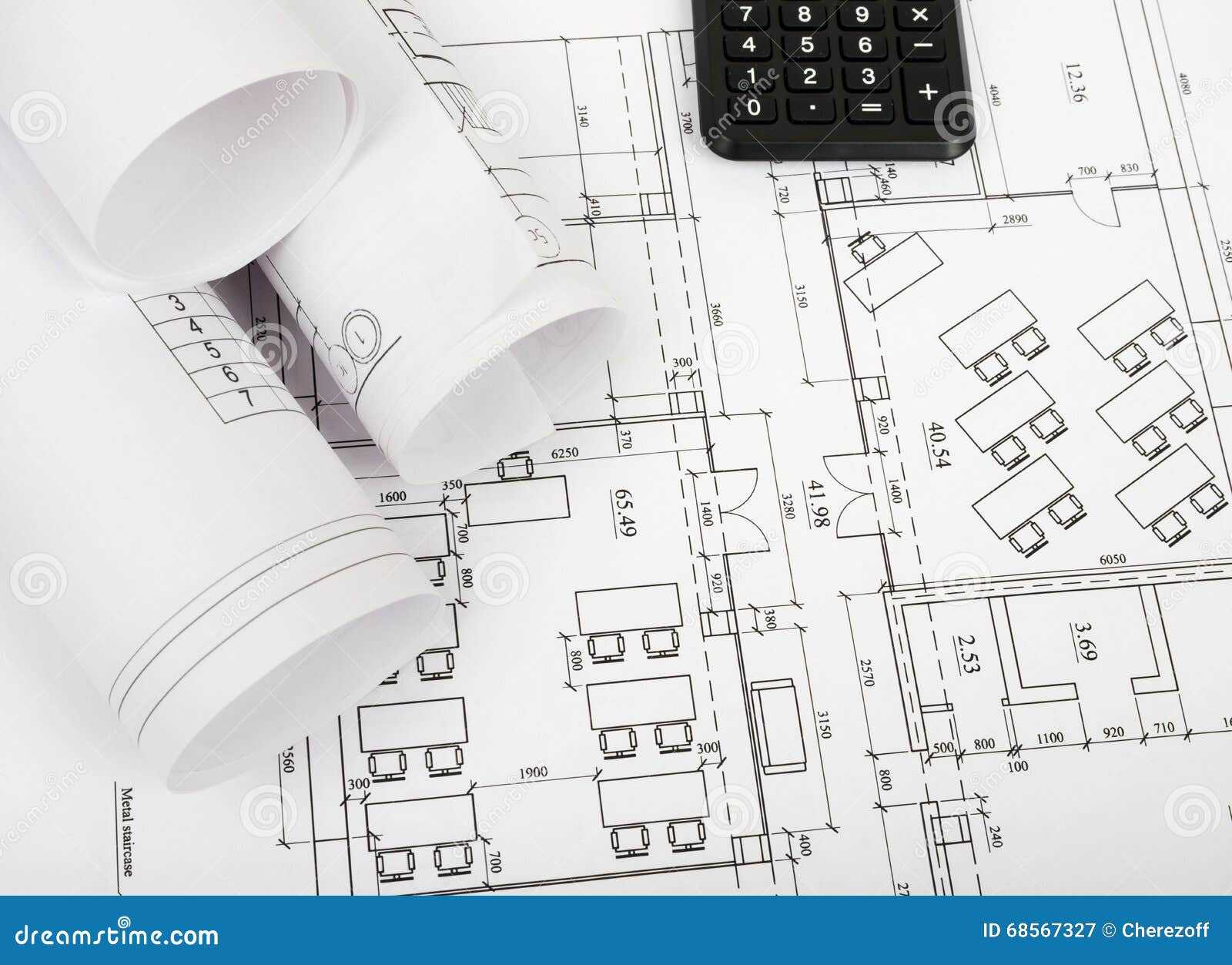 Architecture Plan and Rolls of Blueprints Stock Image - Image of ...