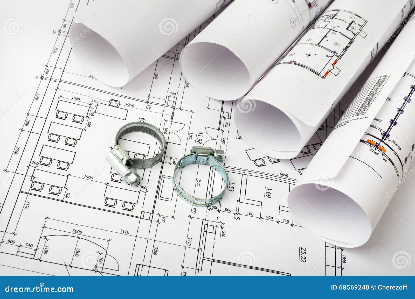 Architecture Plan and Rolls of Blueprints Stock Photo - Image of ...
