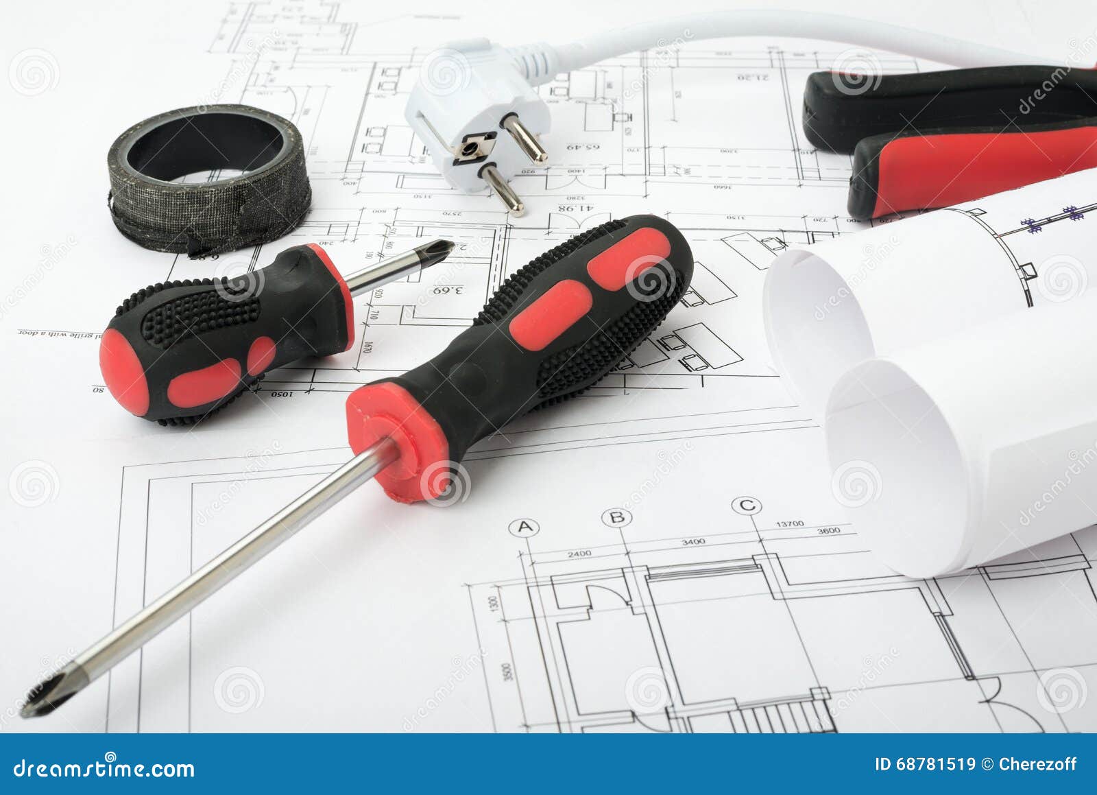 Architecture Plan and Rolls of Blueprints Stock Image - Image of pliers ...