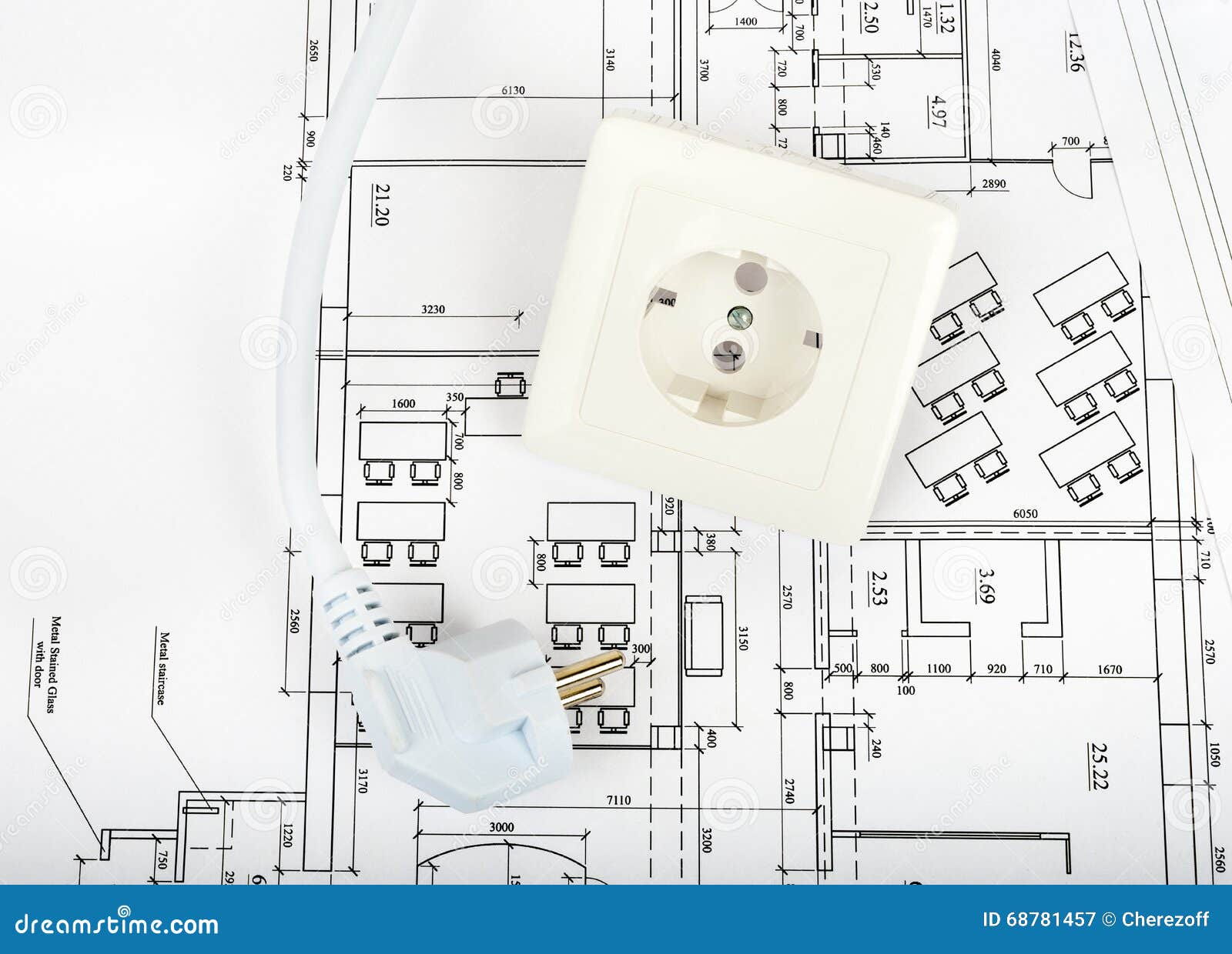 Architecture Plan and Rolls of Blueprints Stock Image - Image of plug ...