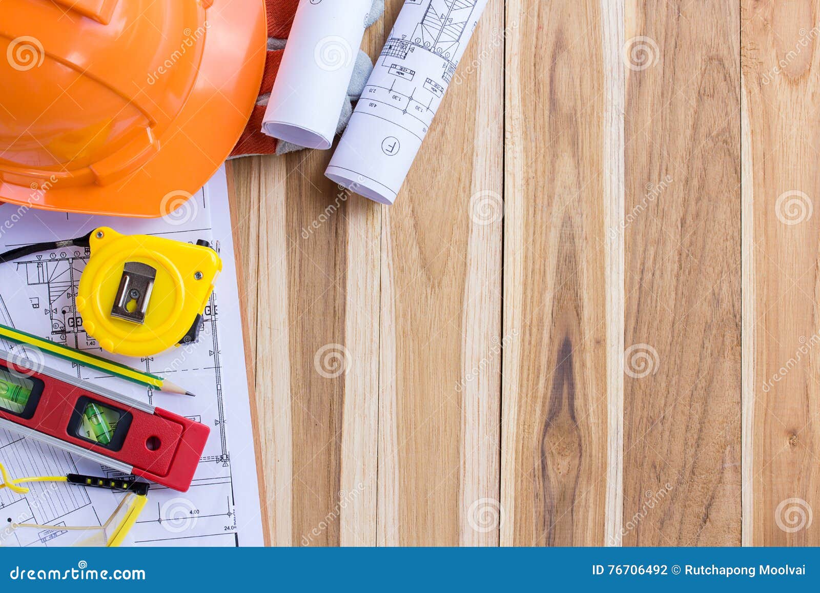 Architecture Plan and Rolls of Blueprints with Tool Kit Stock Photo ...