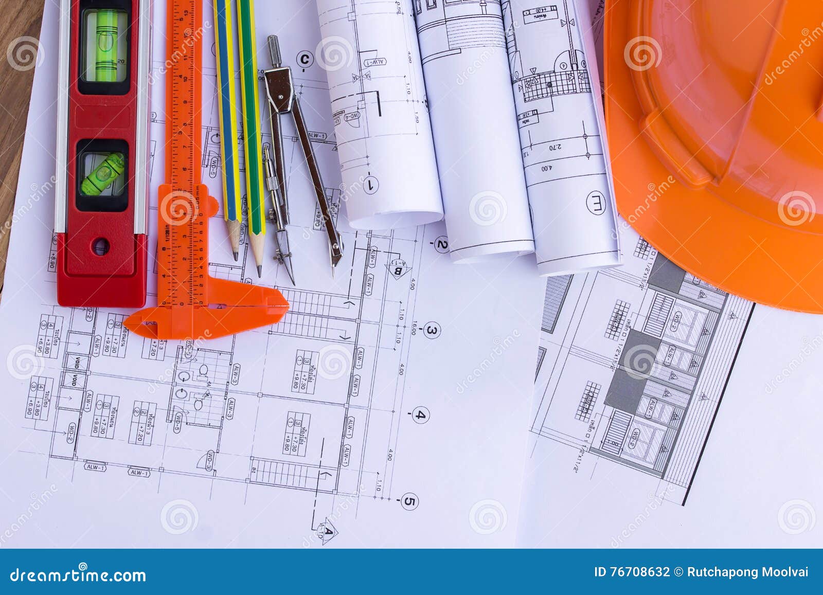 Architecture Plan and Rolls of Blueprints with Tool Kit Stock Photo ...