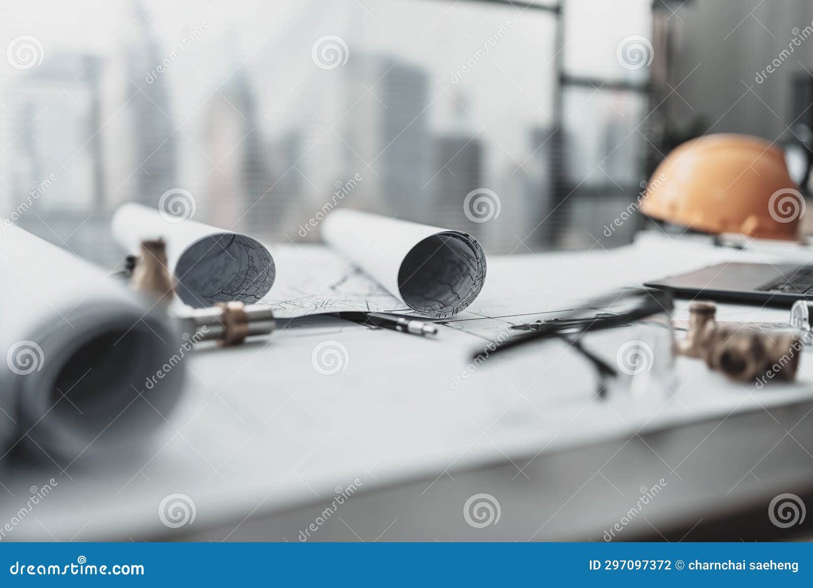 Architecture Plans and City Route Map on Engineer Workplace Stock Photo ...