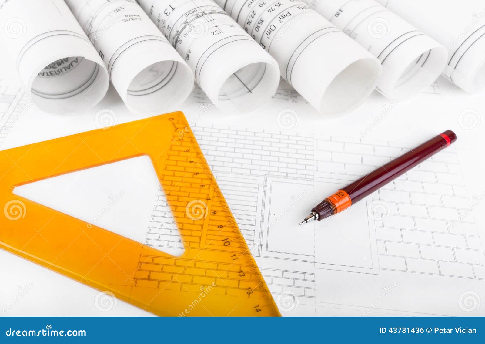 Rolls Of Architectural Blueprint House Building Plans With Pencil And ...