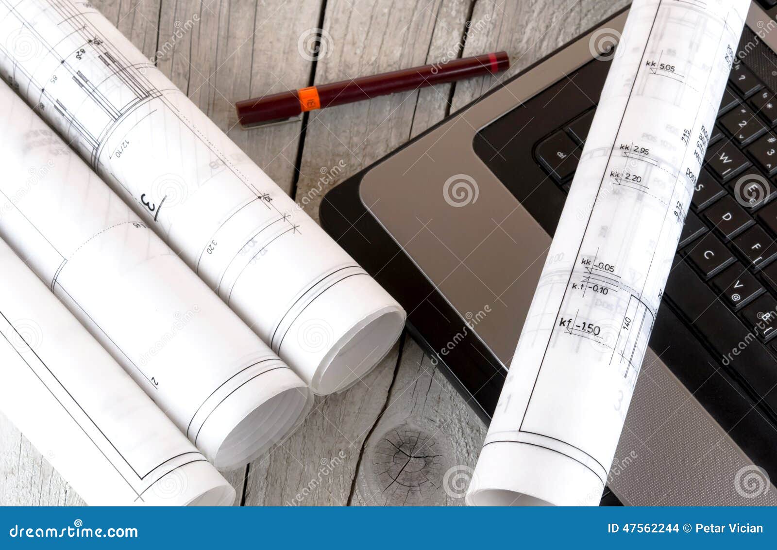 Rolls Of Architectural Blueprint House Building Plans With Pencil And ...