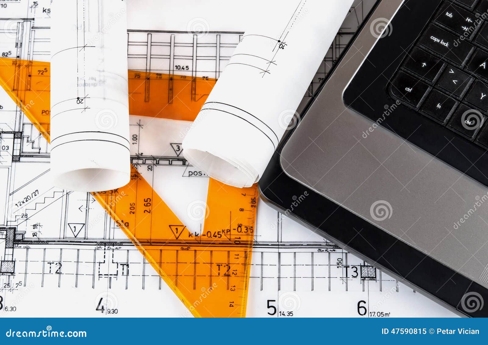 Rolls Of Architectural Blueprint House Building Plans With Pencil And ...