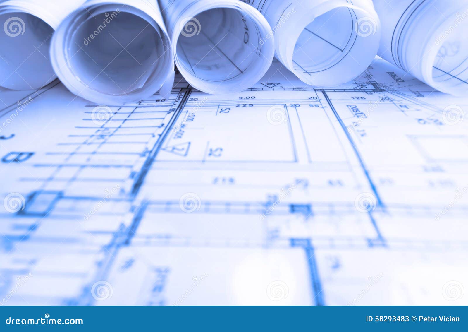 Rolls Of Architectural Blueprint House Building Plans With Pencil And ...