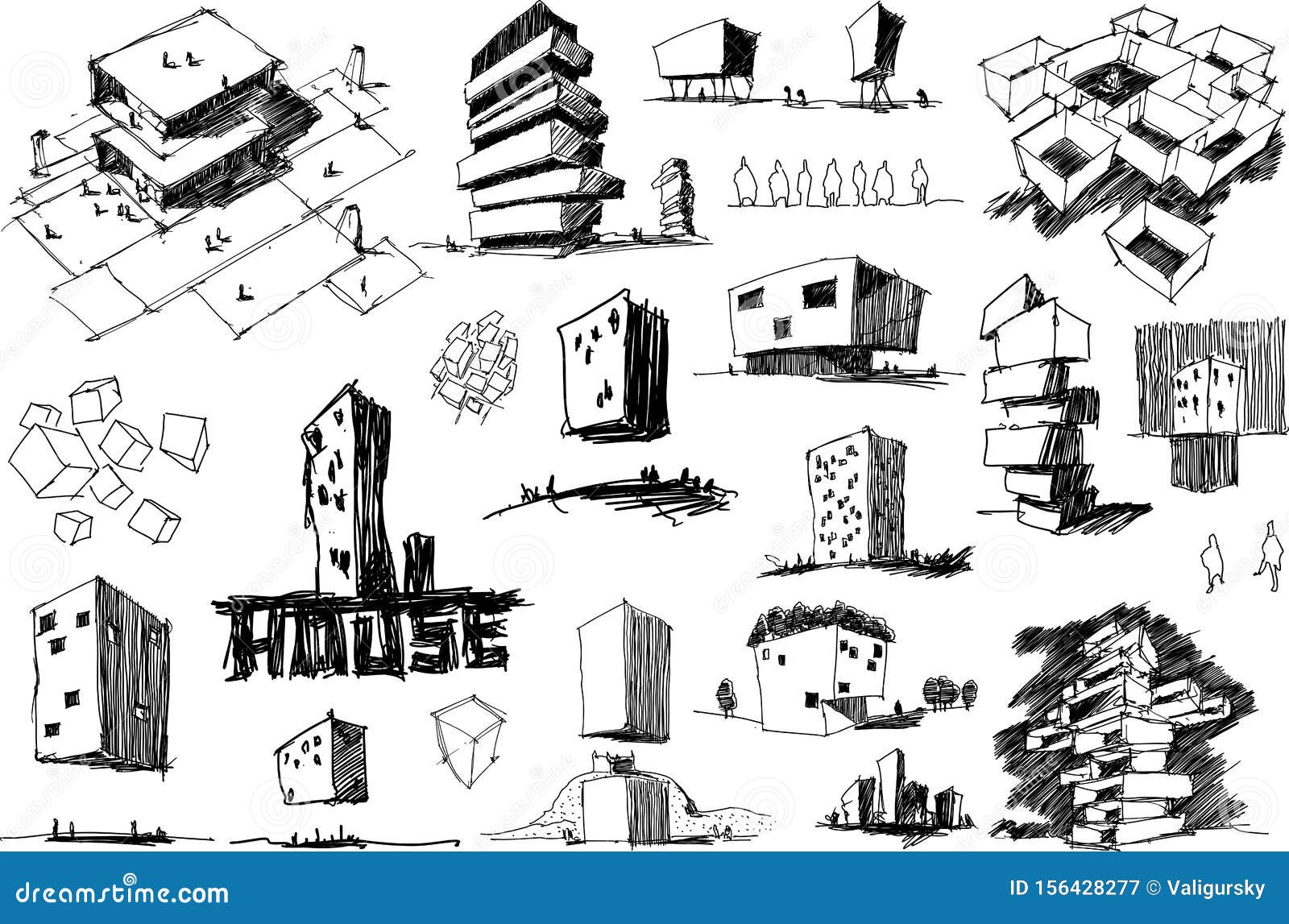 Many Architectural Sketches of a Modern Abstract Architecture and ...
