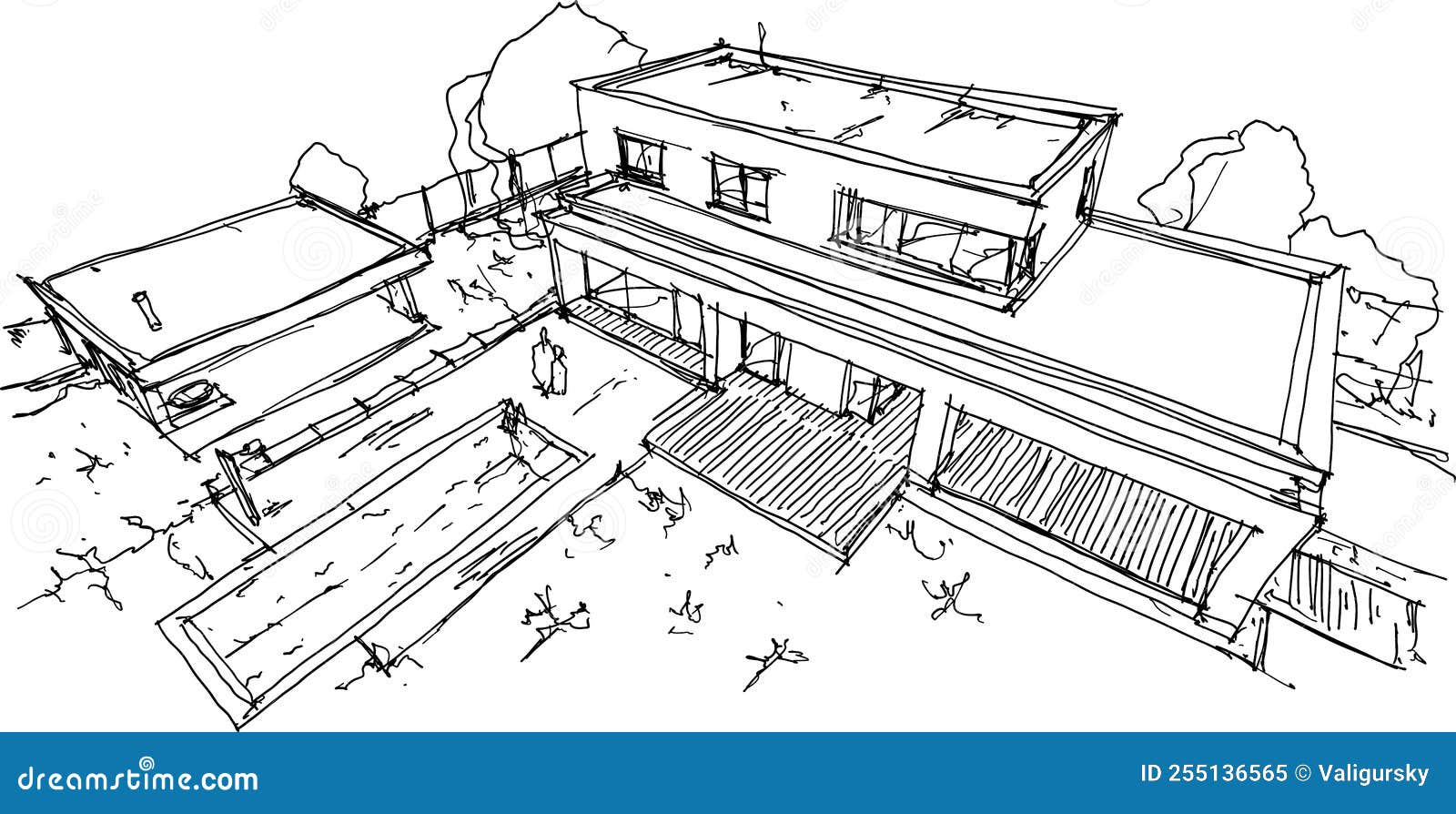 Hand Drawn Sketch of Modern Detached House Stock Vector - Illustration ...