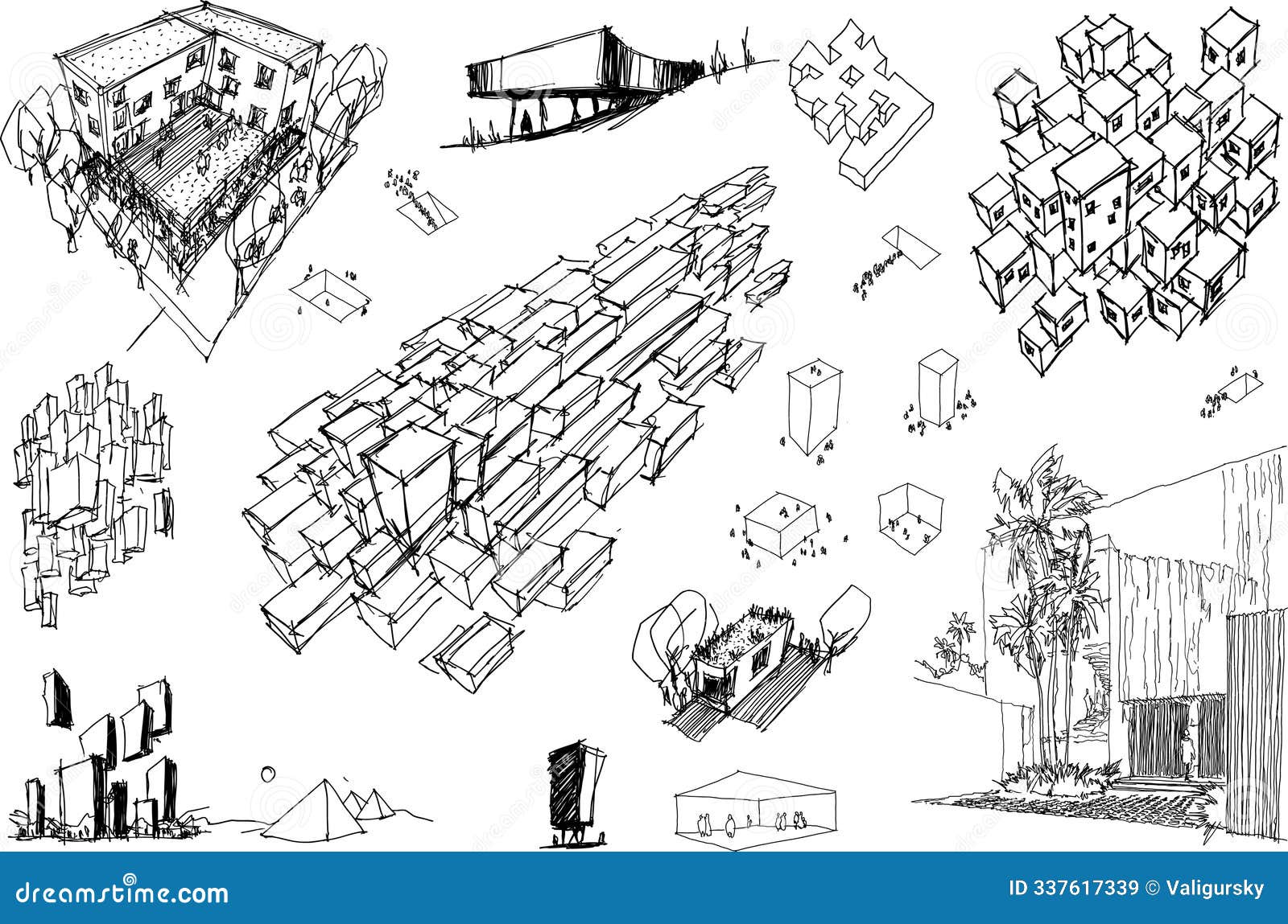 Hand Drawn Sketch of City Structures and Architecture and Urban Ideas ...