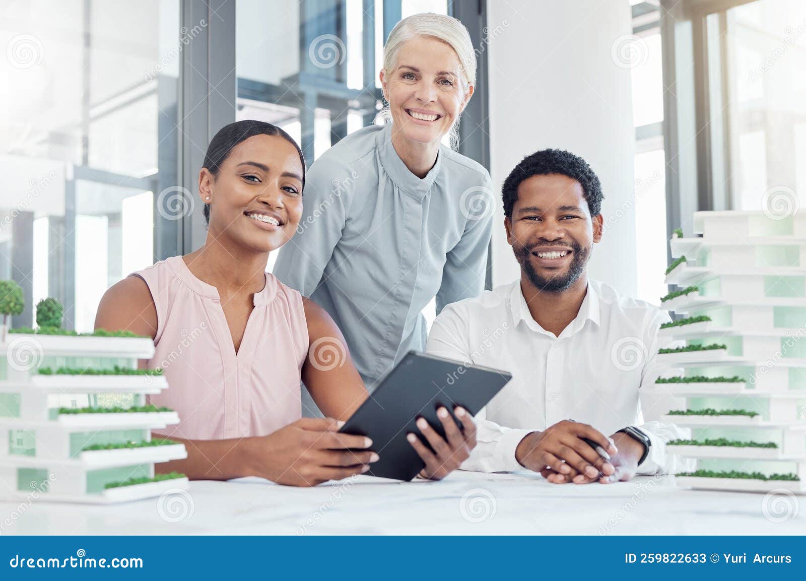 Architecture Team, Digital Tablet and Office Diversity with Floor Plan ...