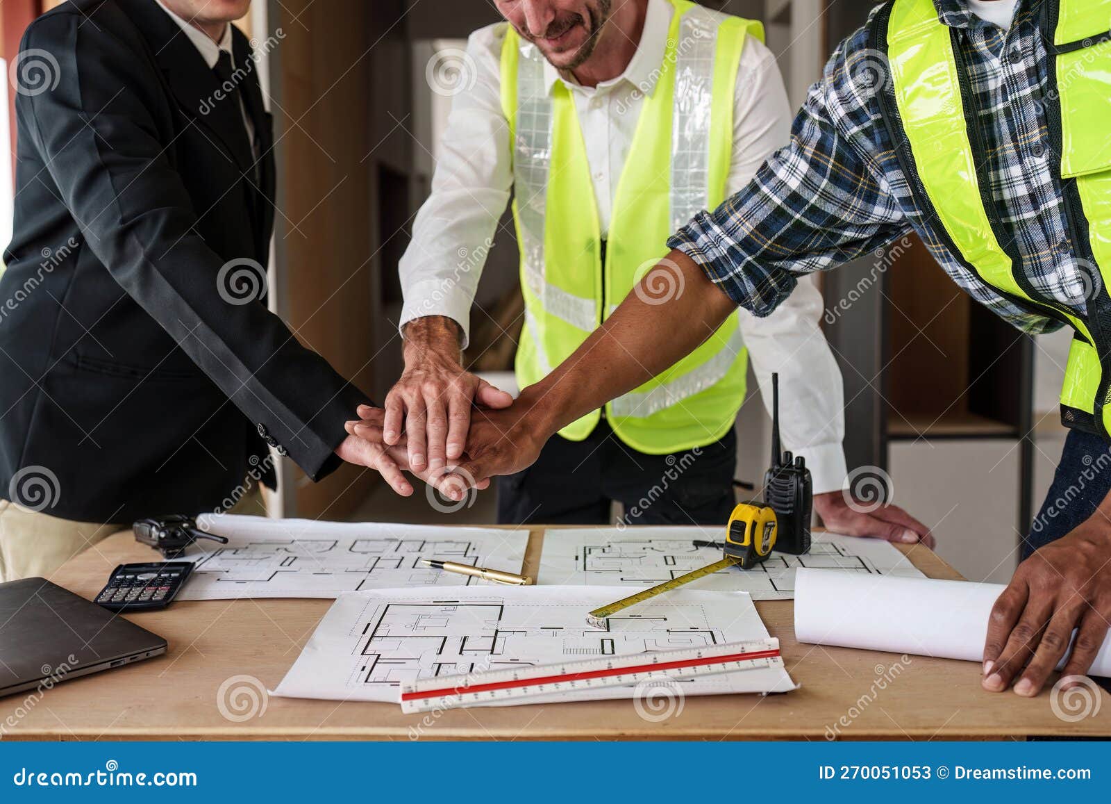 Architecture Team Stacking Hands Working Together. Architectural Plan ...